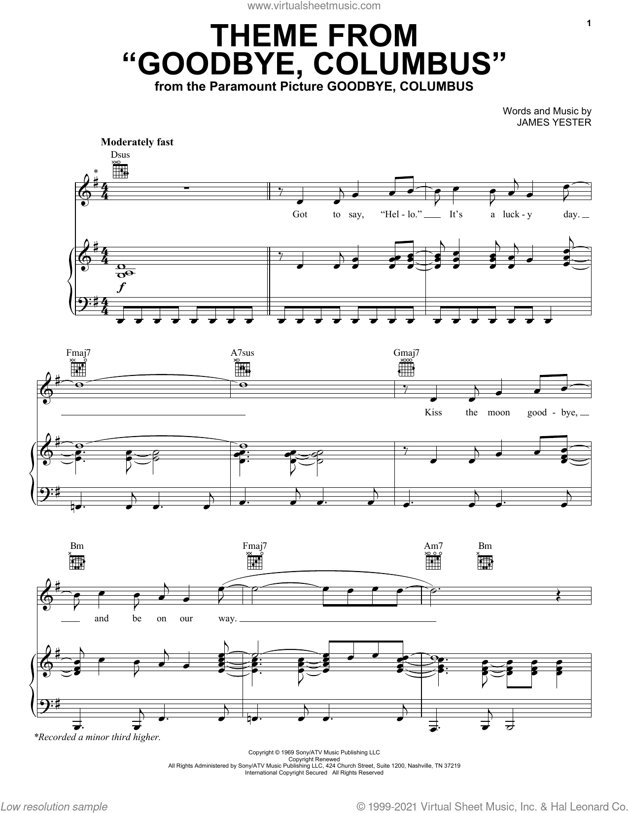 Theme From "Goodbye, Columbus" sheet music for voice, piano or guitar