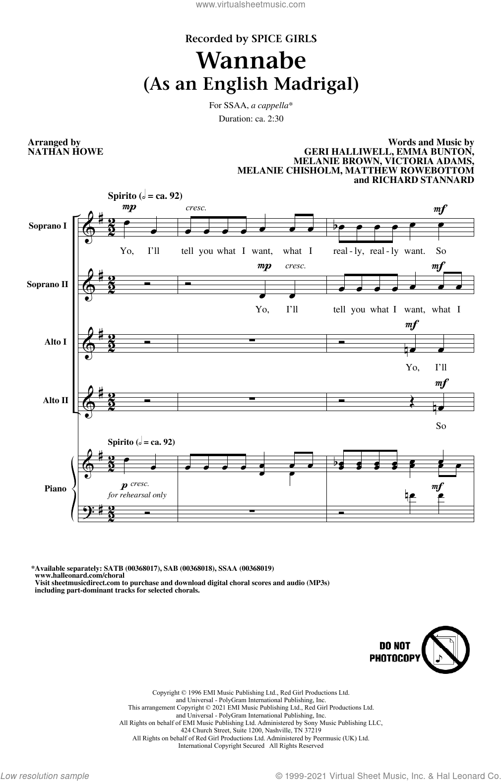 Wannabe (As an English Madrigal) (arr. Nathan Howe) sheet music for ...