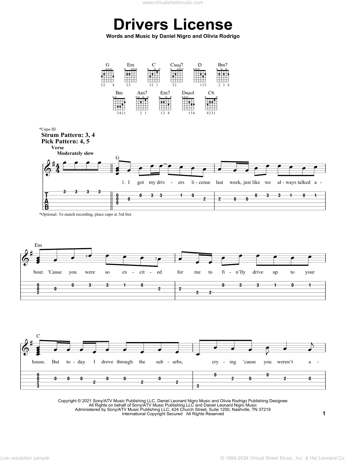 drivers license sheet music for guitar solo (easy tablature)
