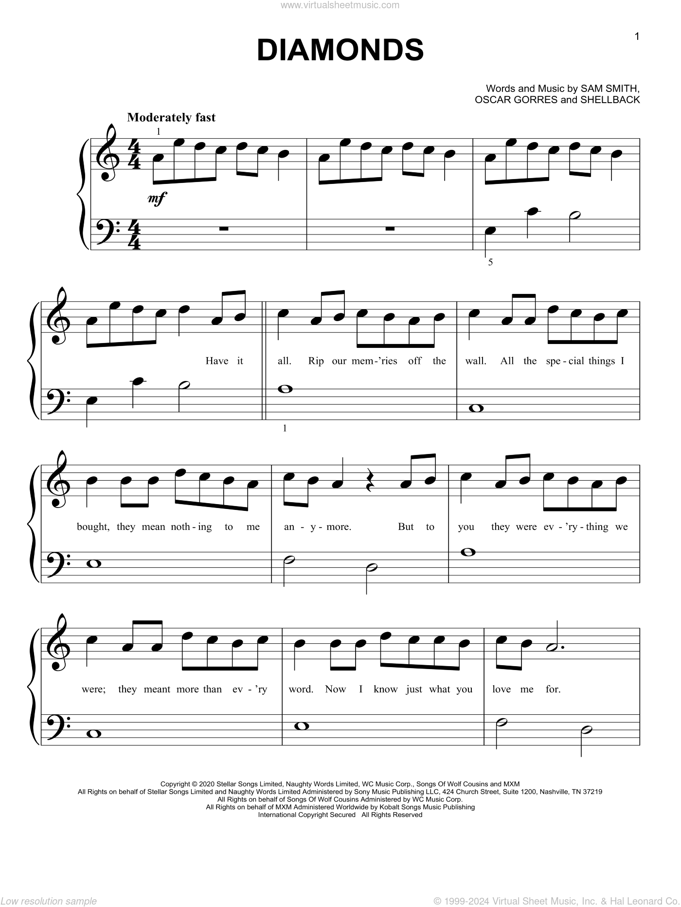 Diamonds sheet music for piano solo (big note book) (PDF)