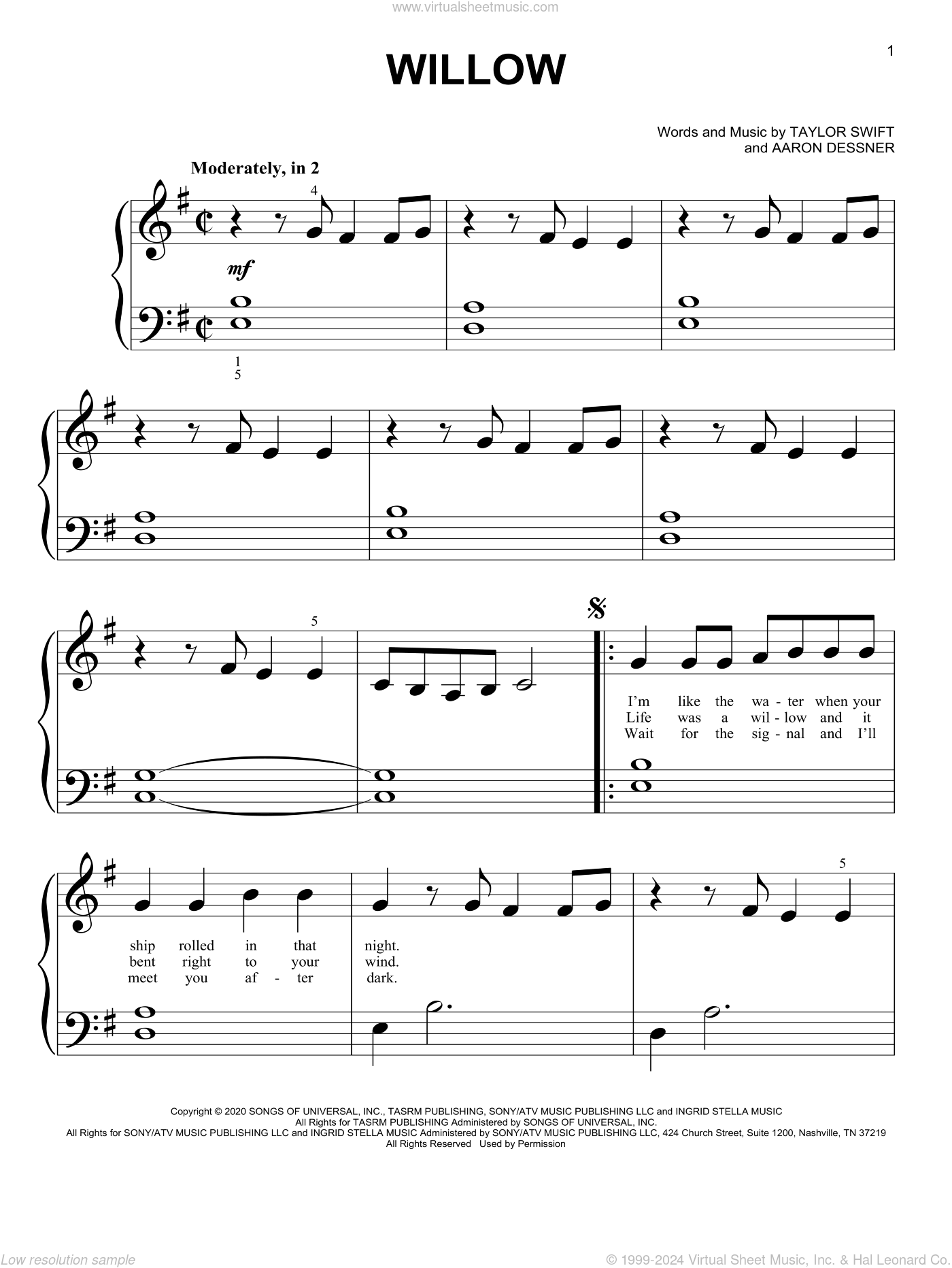willow sheet music for piano solo (big note book) (PDF)