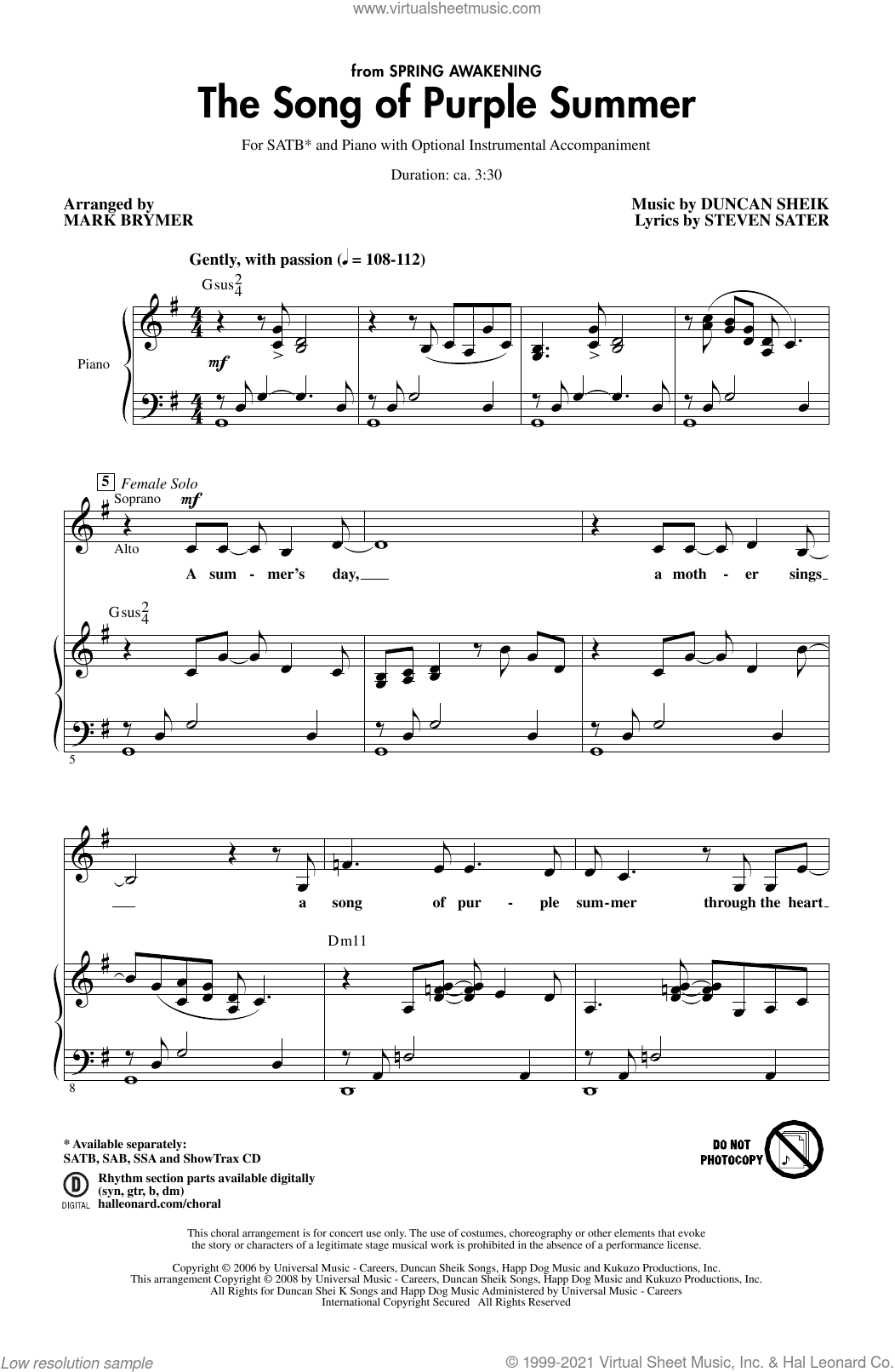 The Song Of Purple Summer (from Spring Awakening) (arr. Mark Brymer ...