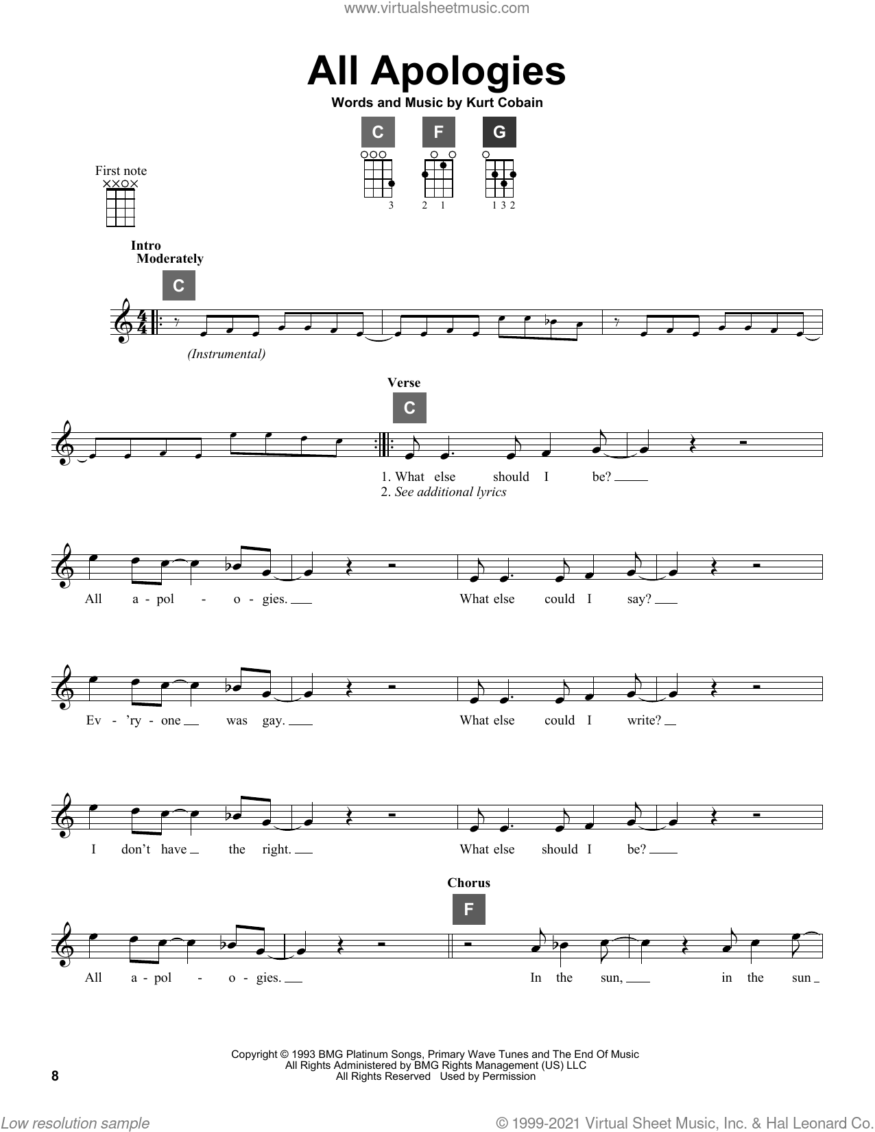 All Apologies sheet music for ukulele solo (ChordBuddy system)