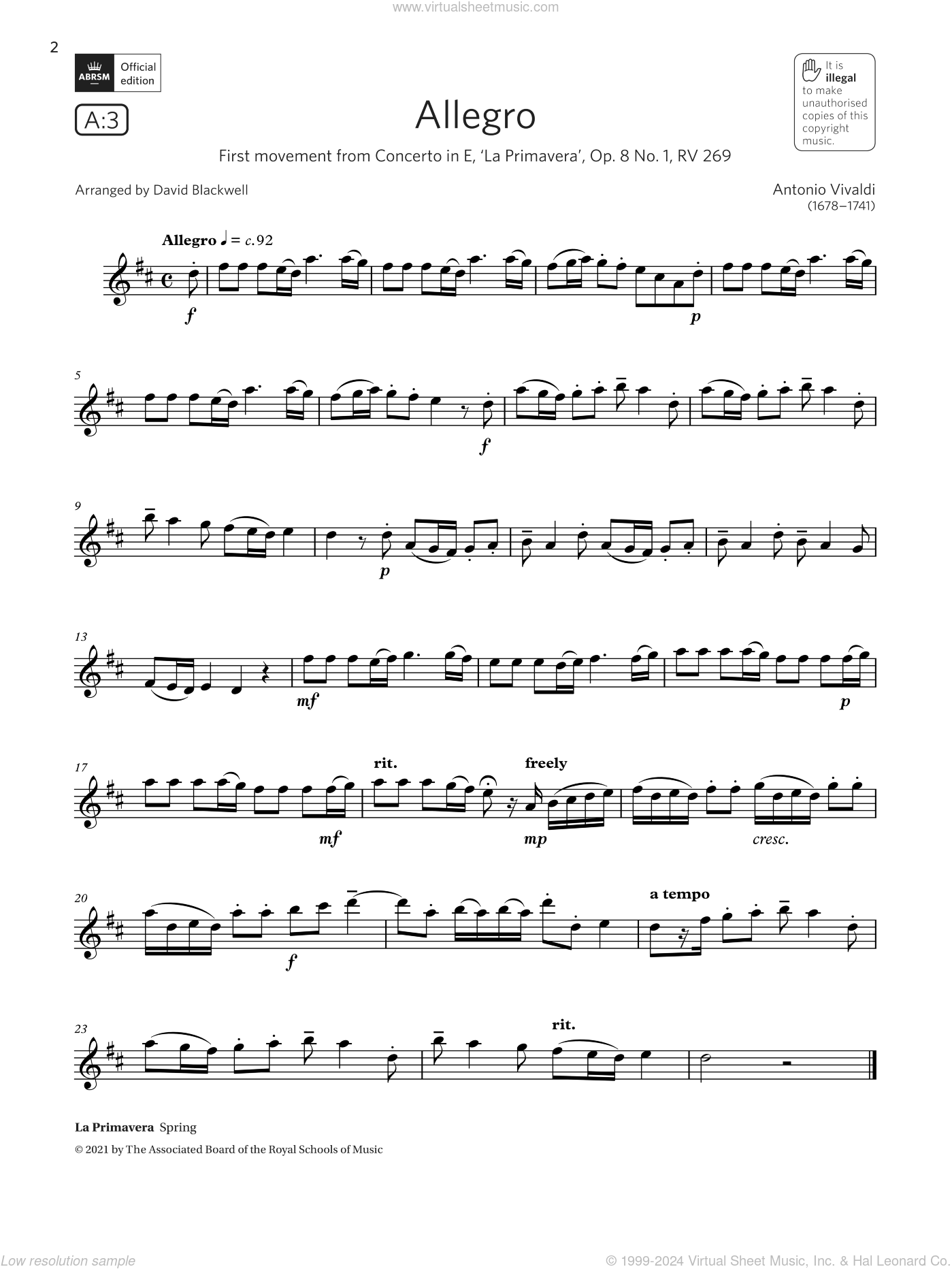 Vivaldi: Allegro (from Concerto in E, Op.8 No.1) (Grade 3 A3 from the ...