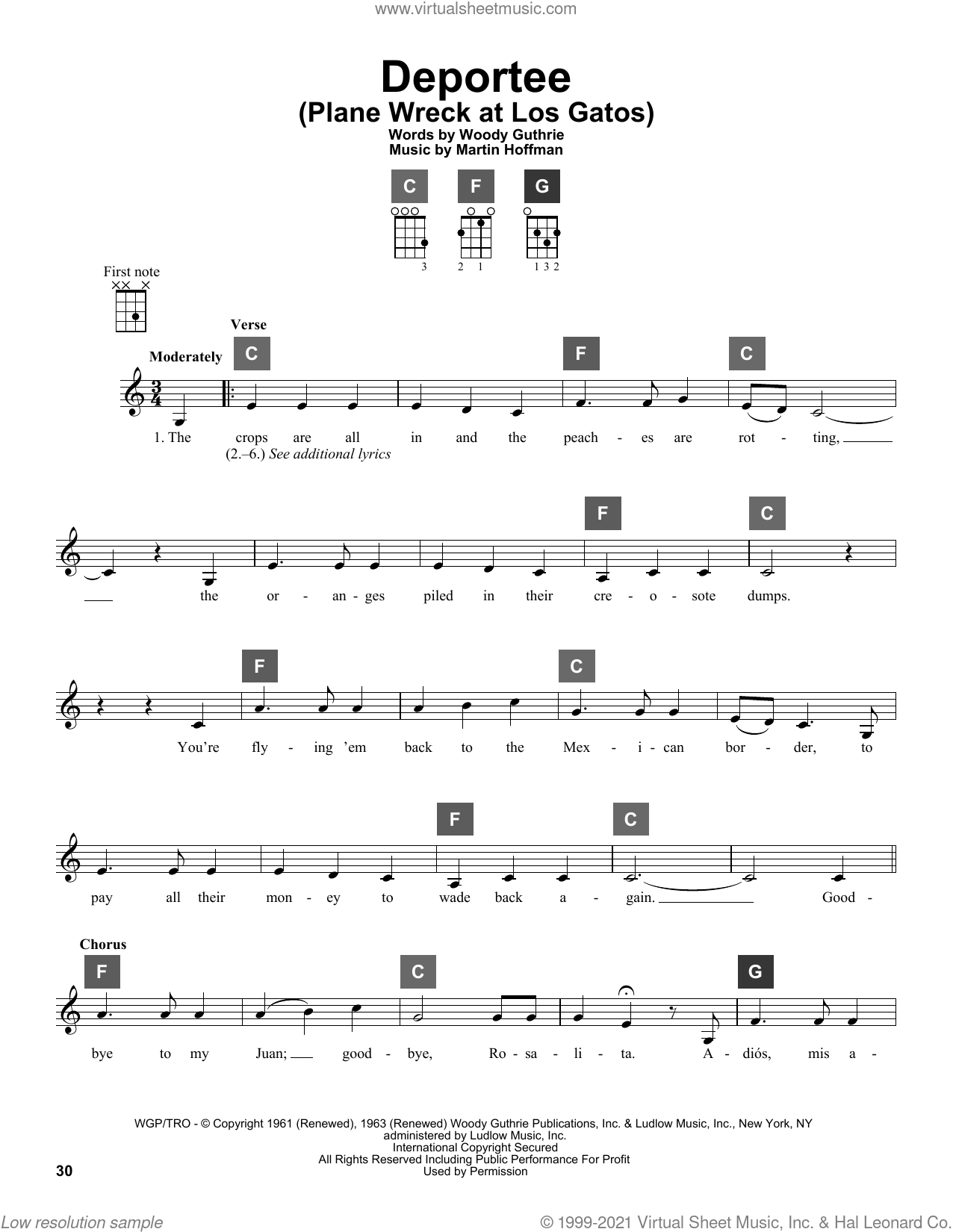 Deportee (Plane Wreck At Los Gatos) sheet music for ukulele solo ...