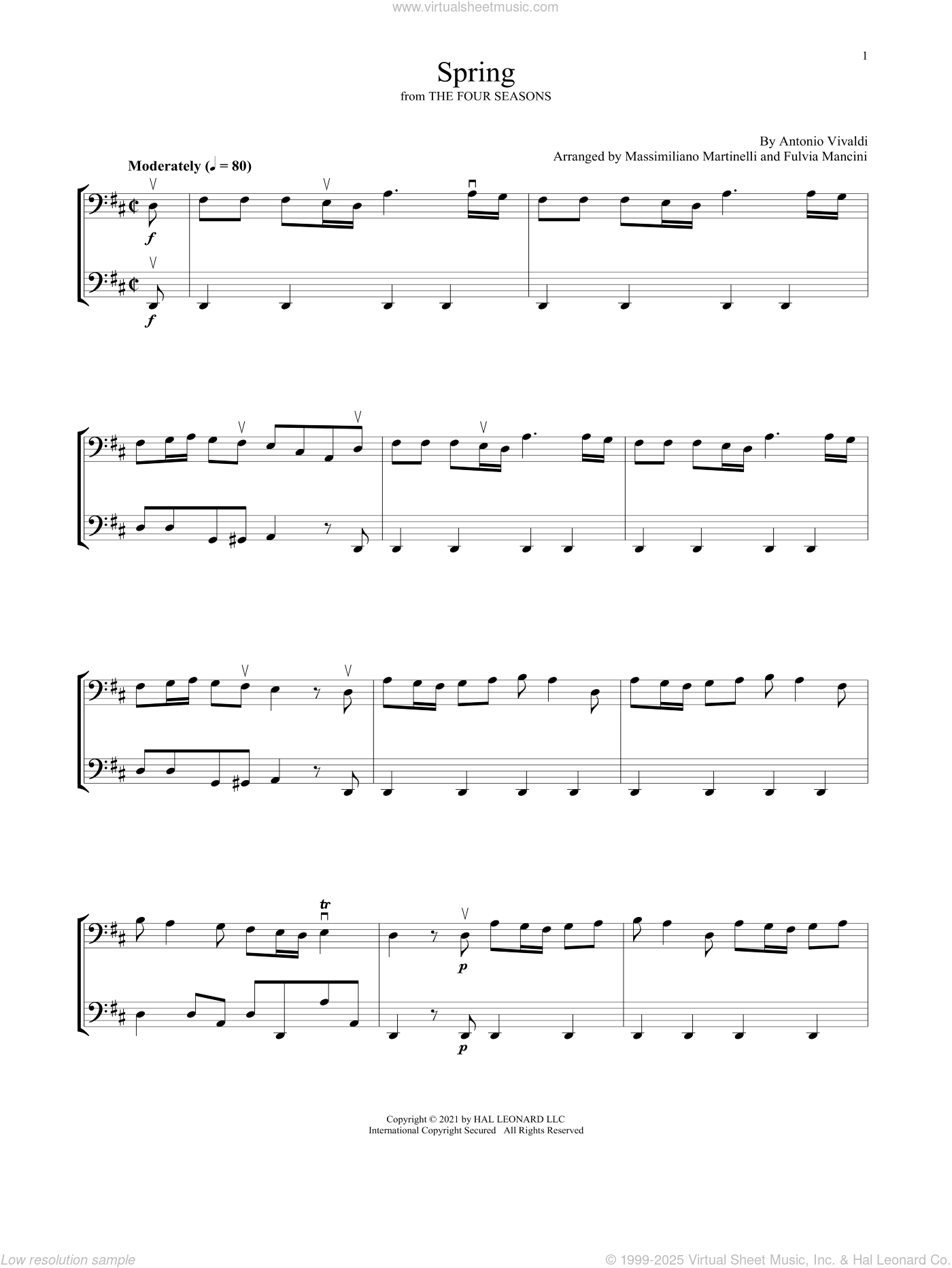 Spring (from The Four Seasons) sheet music for two cellos (duet, duets)