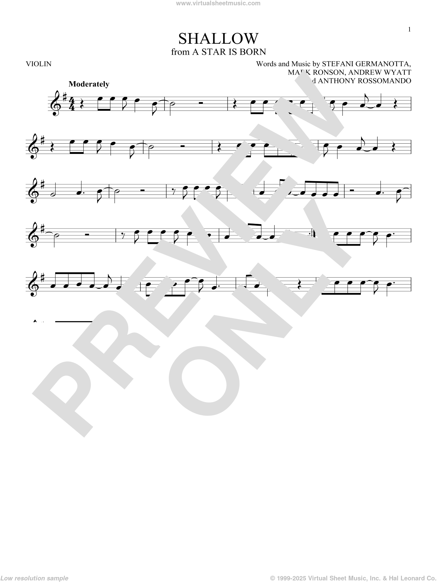 Shallow (from A Star Is Born) sheet music for violin solo (PDF)