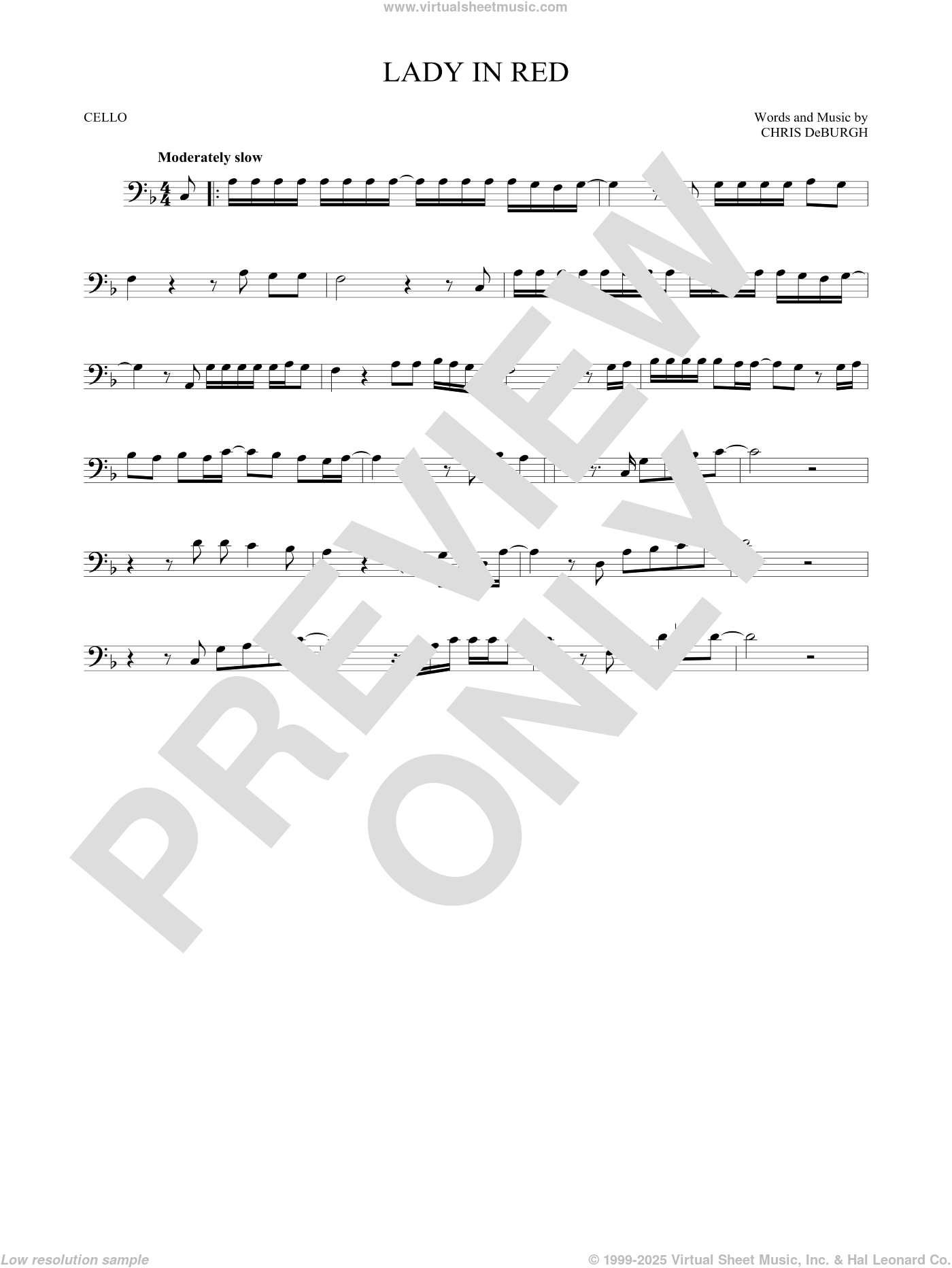 The Lady In Red sheet music for cello solo (PDF-interactive)
