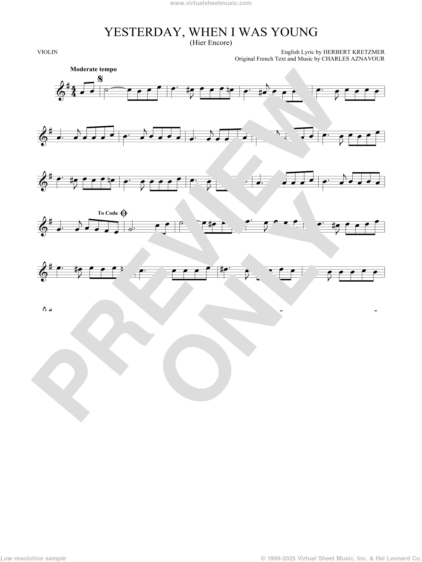 Yesterday, When I Was Young (Hier Encore) sheet music for violin solo