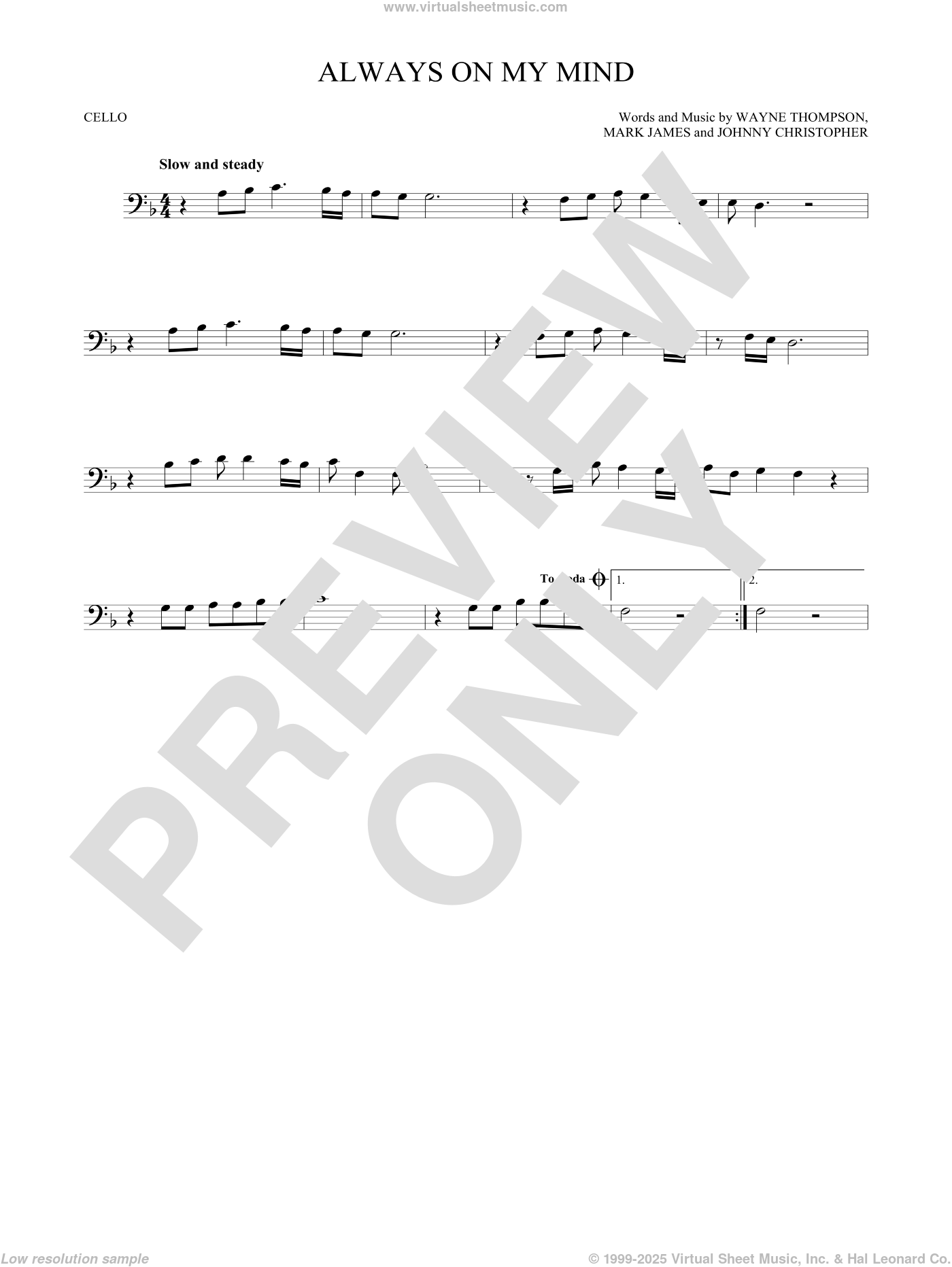 Always On My Mind sheet music for cello solo (PDF-interactive)