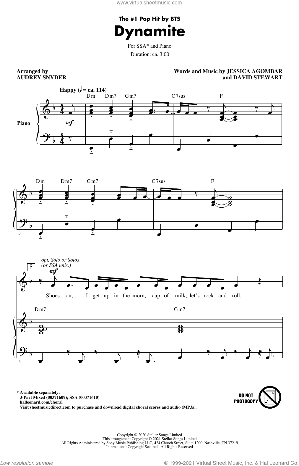Dynamite (arr. Audrey Snyder) sheet music for choir (SSA: soprano, alto)