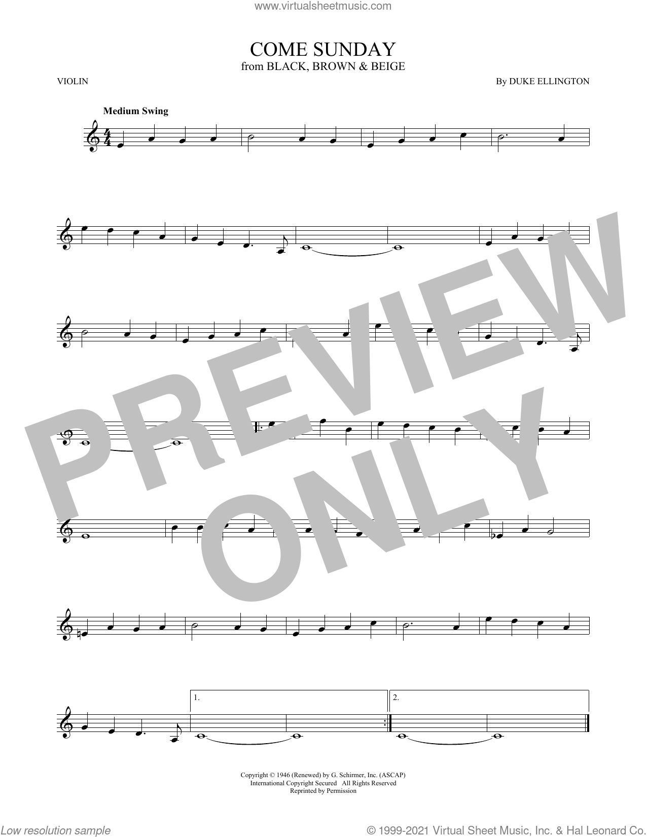 Come Sunday sheet music for violin solo (PDF-interactive)