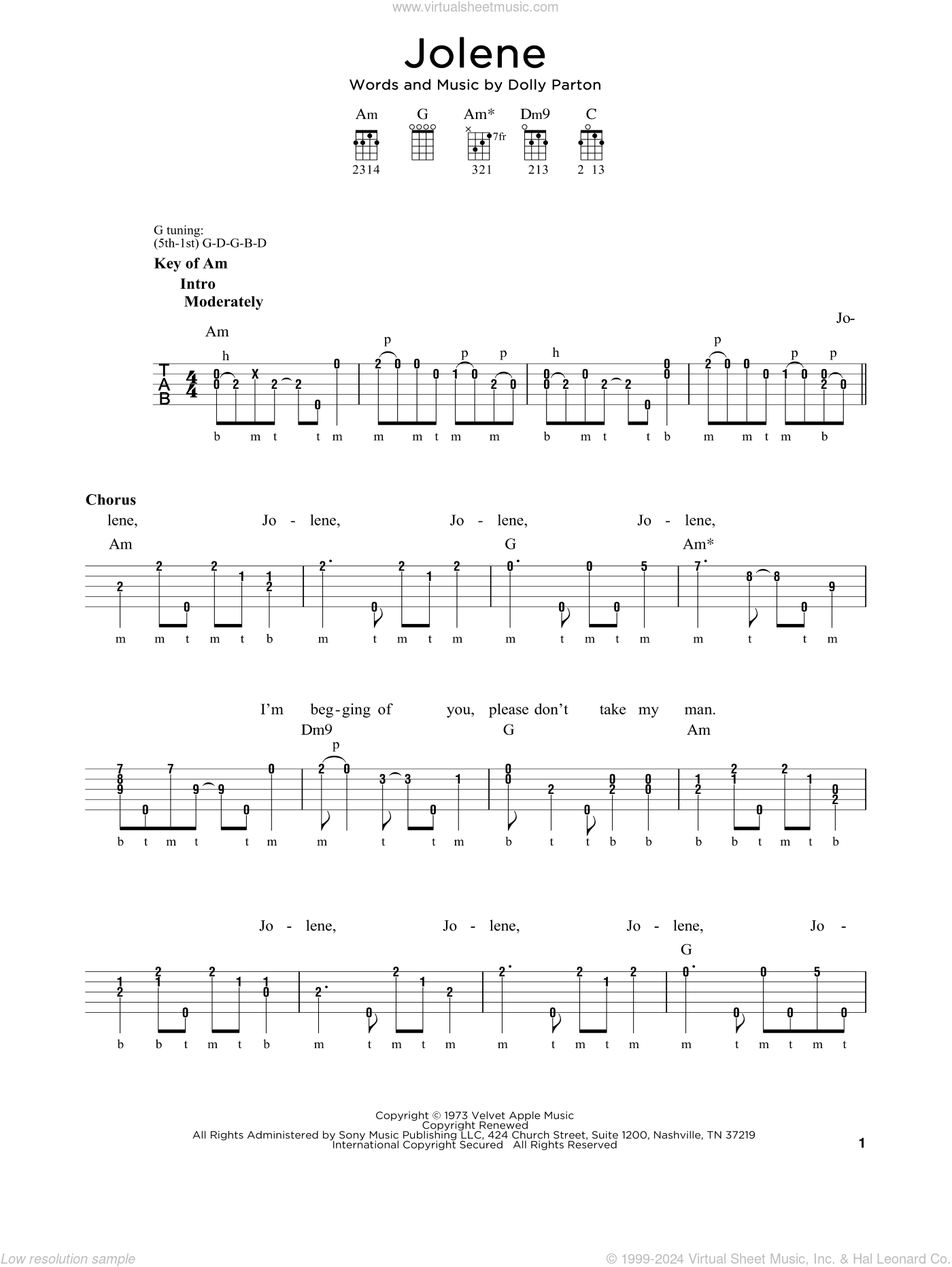Parton - Jolene sheet music for banjo solo (PDF)