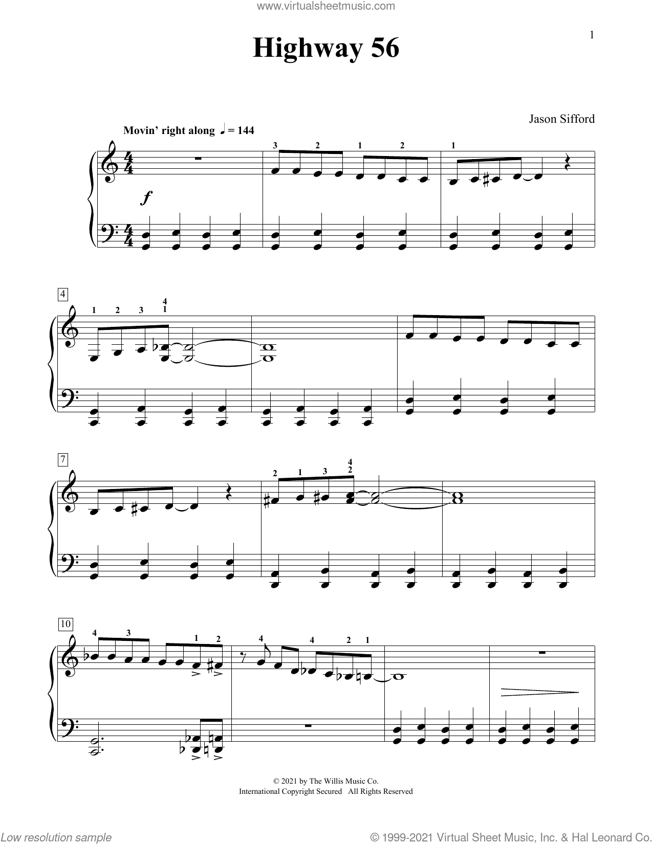 Highway 56 sheet music for piano solo (elementary) (PDF)