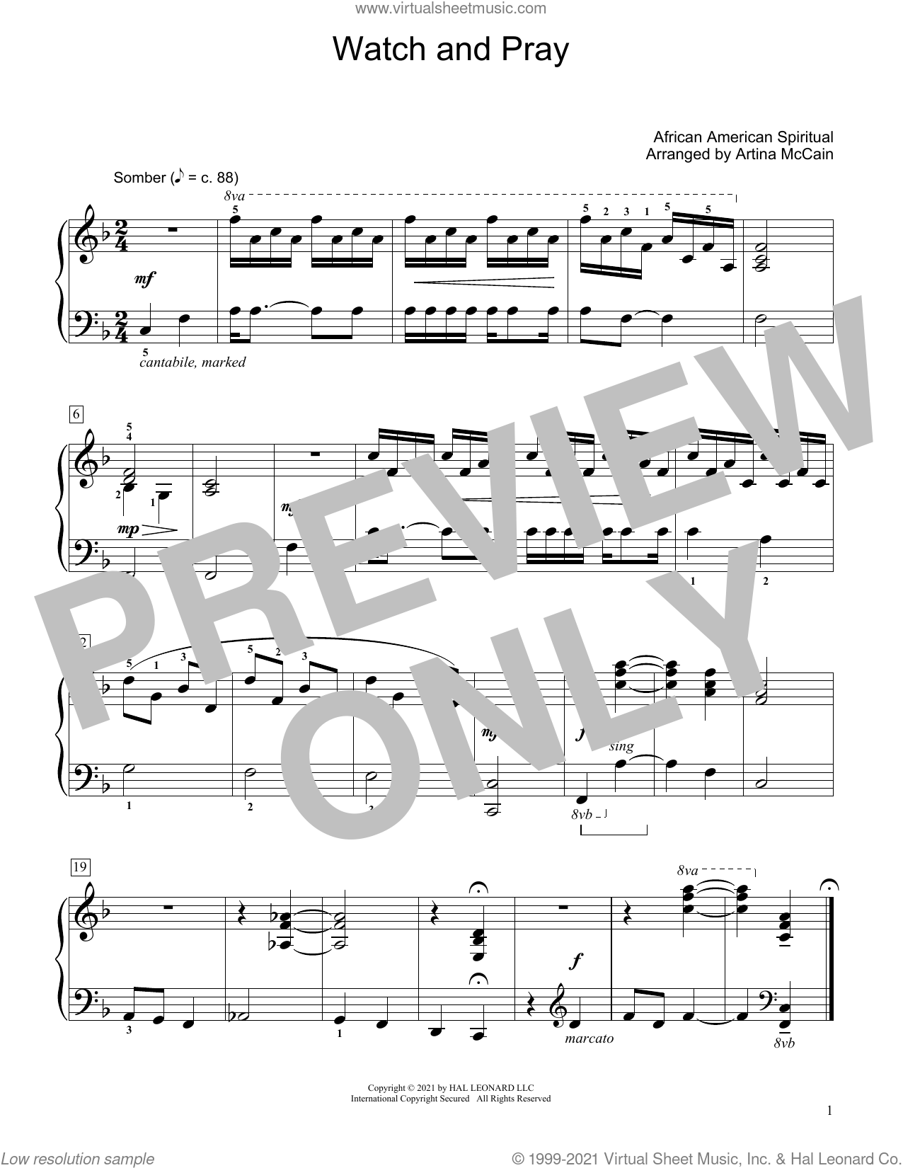 Watch And Pray (arr. Artina McCain) sheet music for piano solo (elementary)