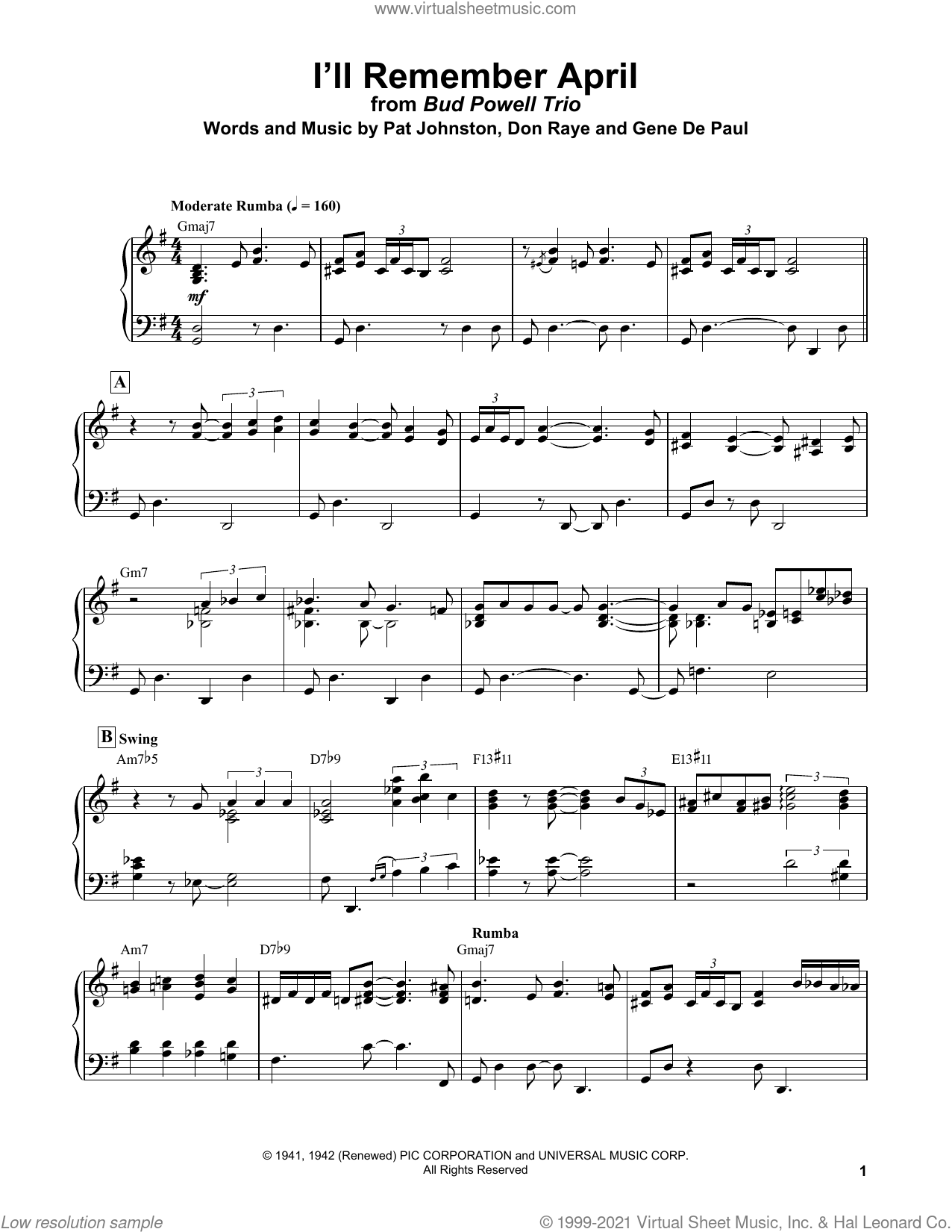 Bud Powell: I'll Remember April sheet music for piano solo (transcription)