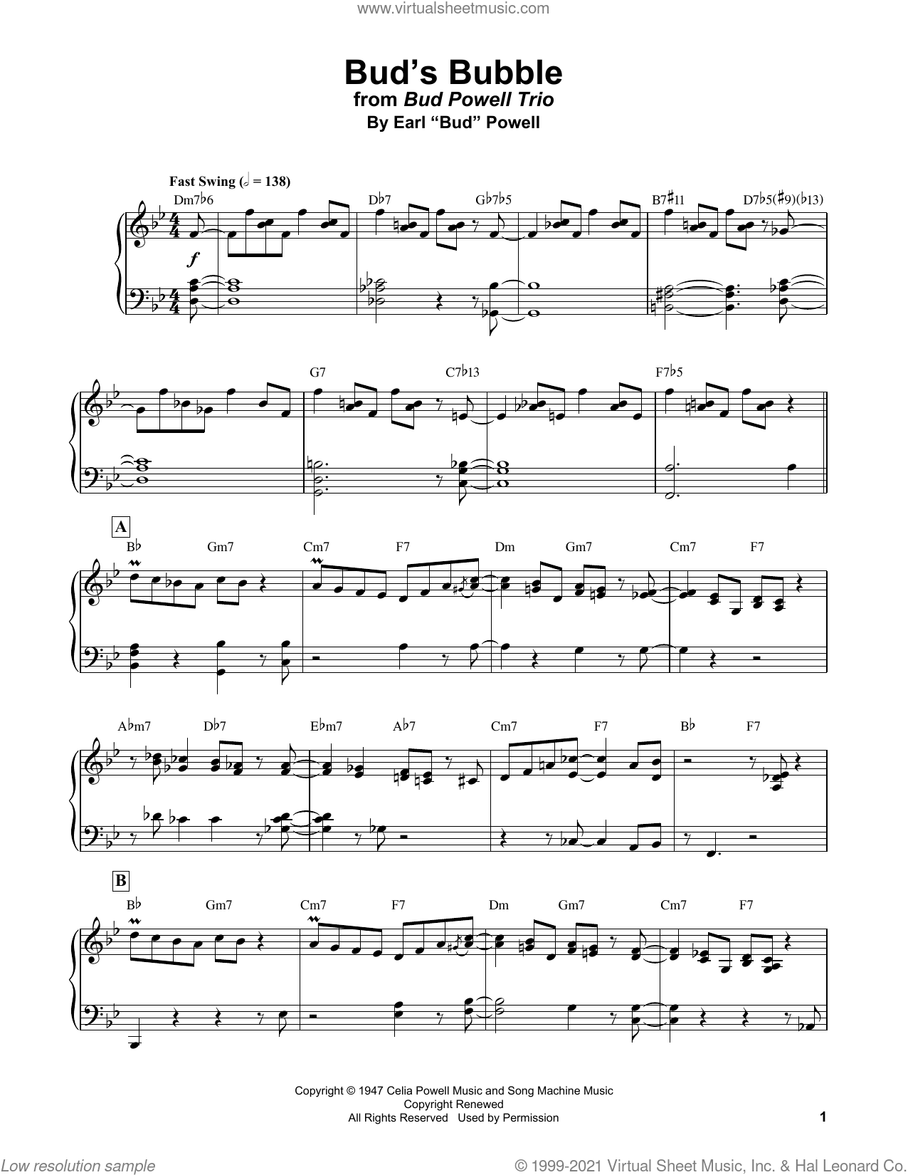 Bud's Bubble sheet music for piano solo (transcription) (PDF)