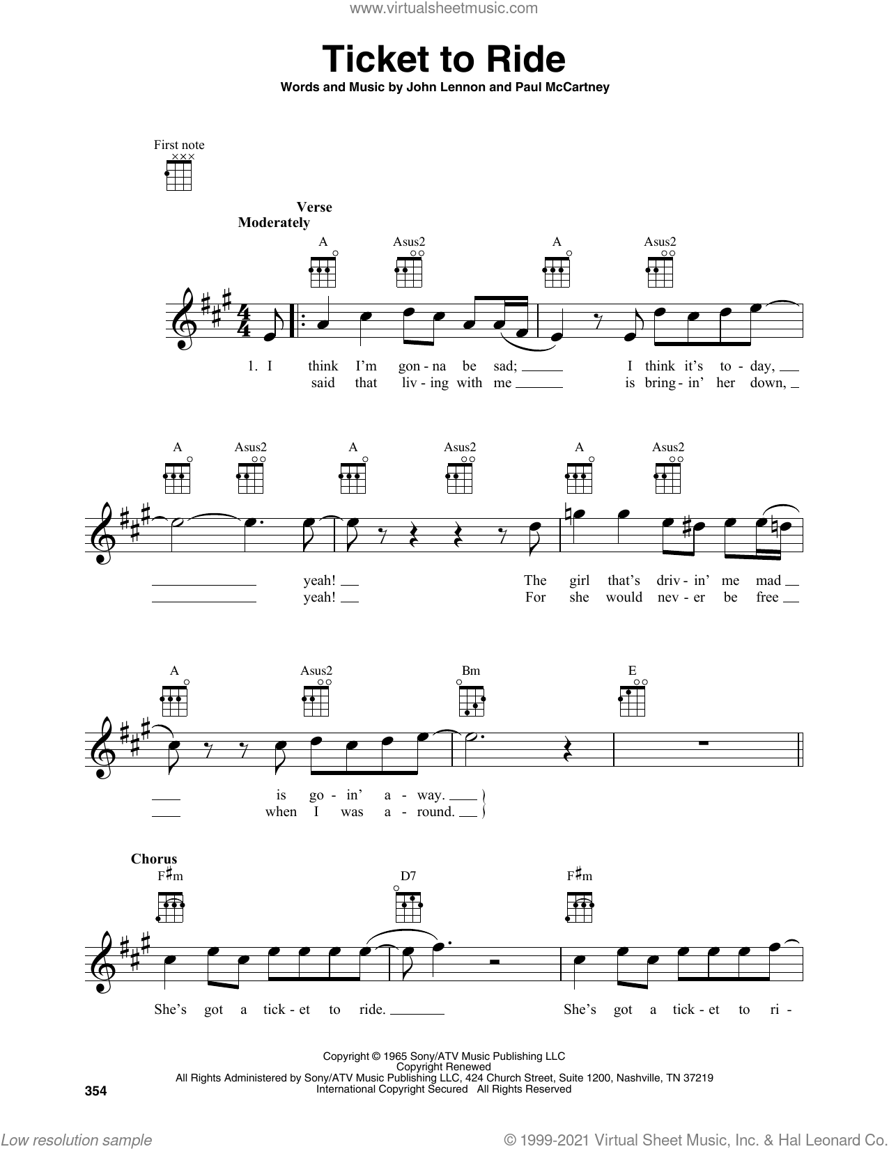Ticket To Ride sheet music for baritone ukulele solo (PDF)