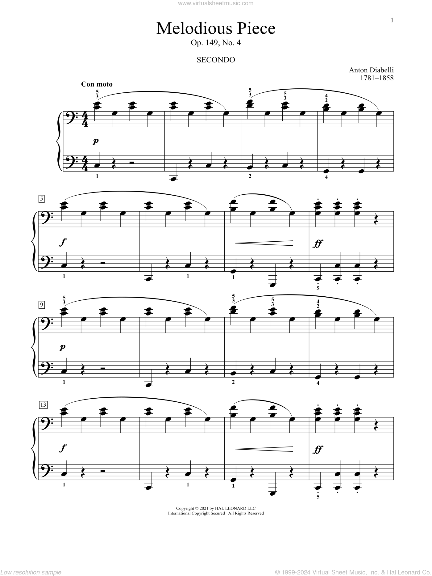 Diabelli - Melodious Piece, Op. 149, No. 4 sheet music for piano four hands