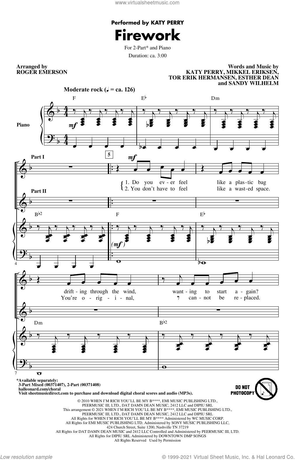 Firework (arr. Roger Emerson) sheet music for choir (2-Part)