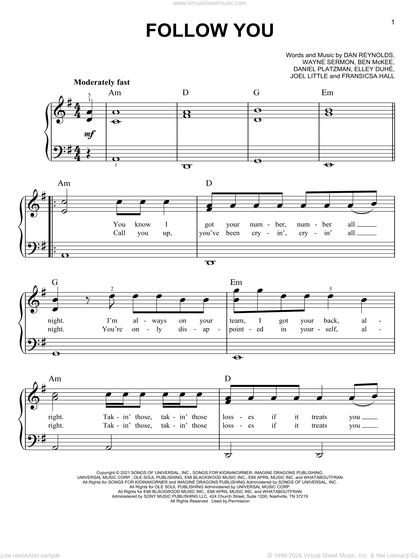 Follow You sheet music for piano solo (PDF-interactive)