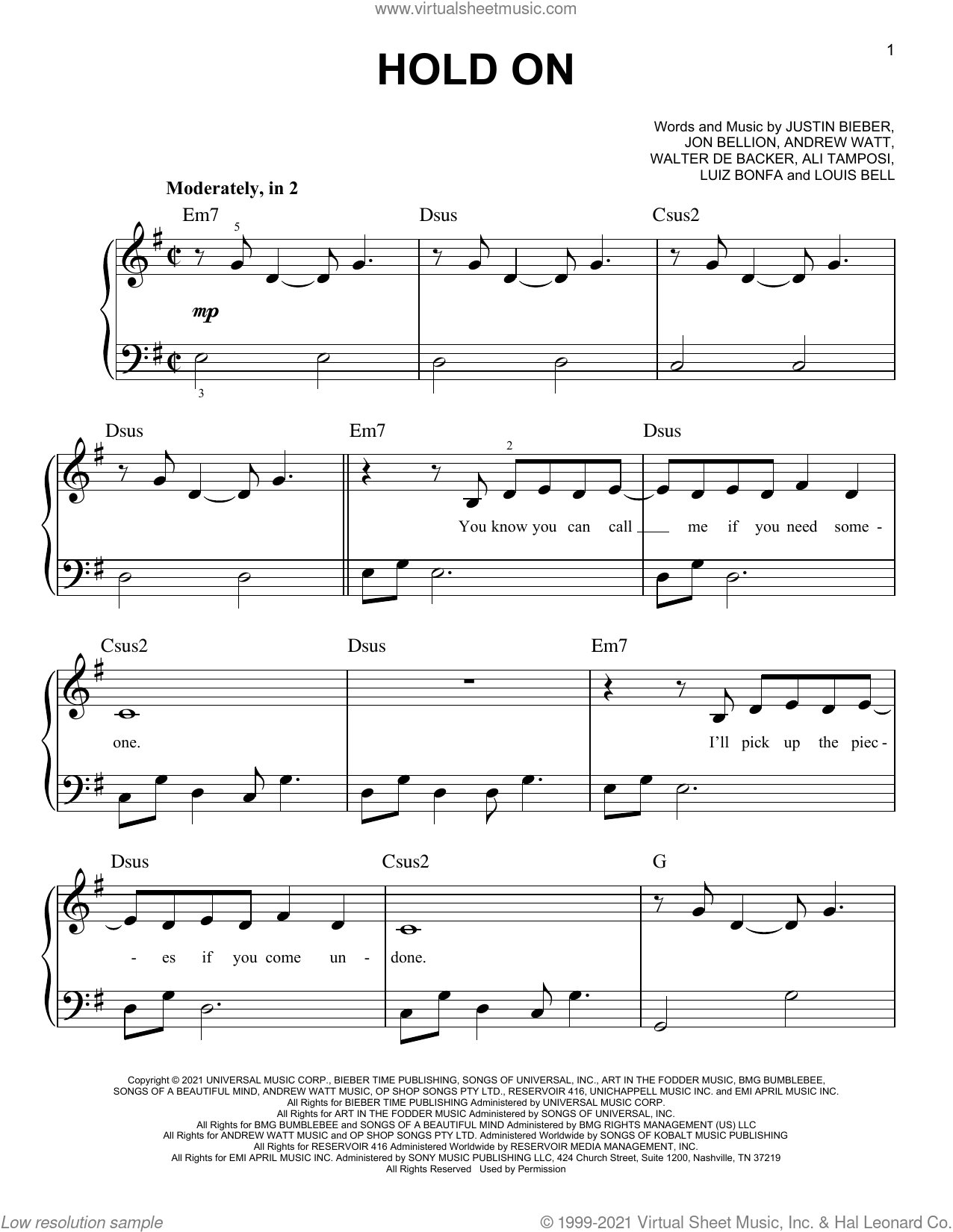 Hold On, (easy) sheet music for piano solo (PDF-interactive)
