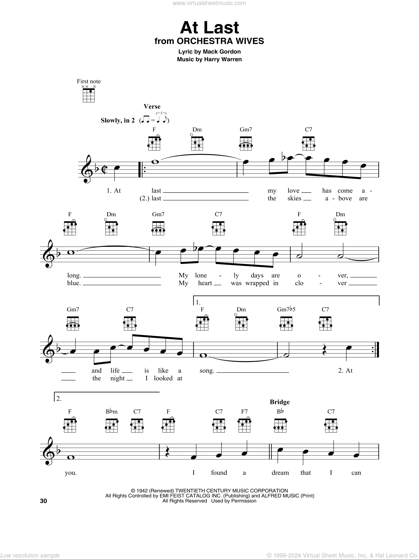 At Last sheet music for baritone ukulele solo (PDF)