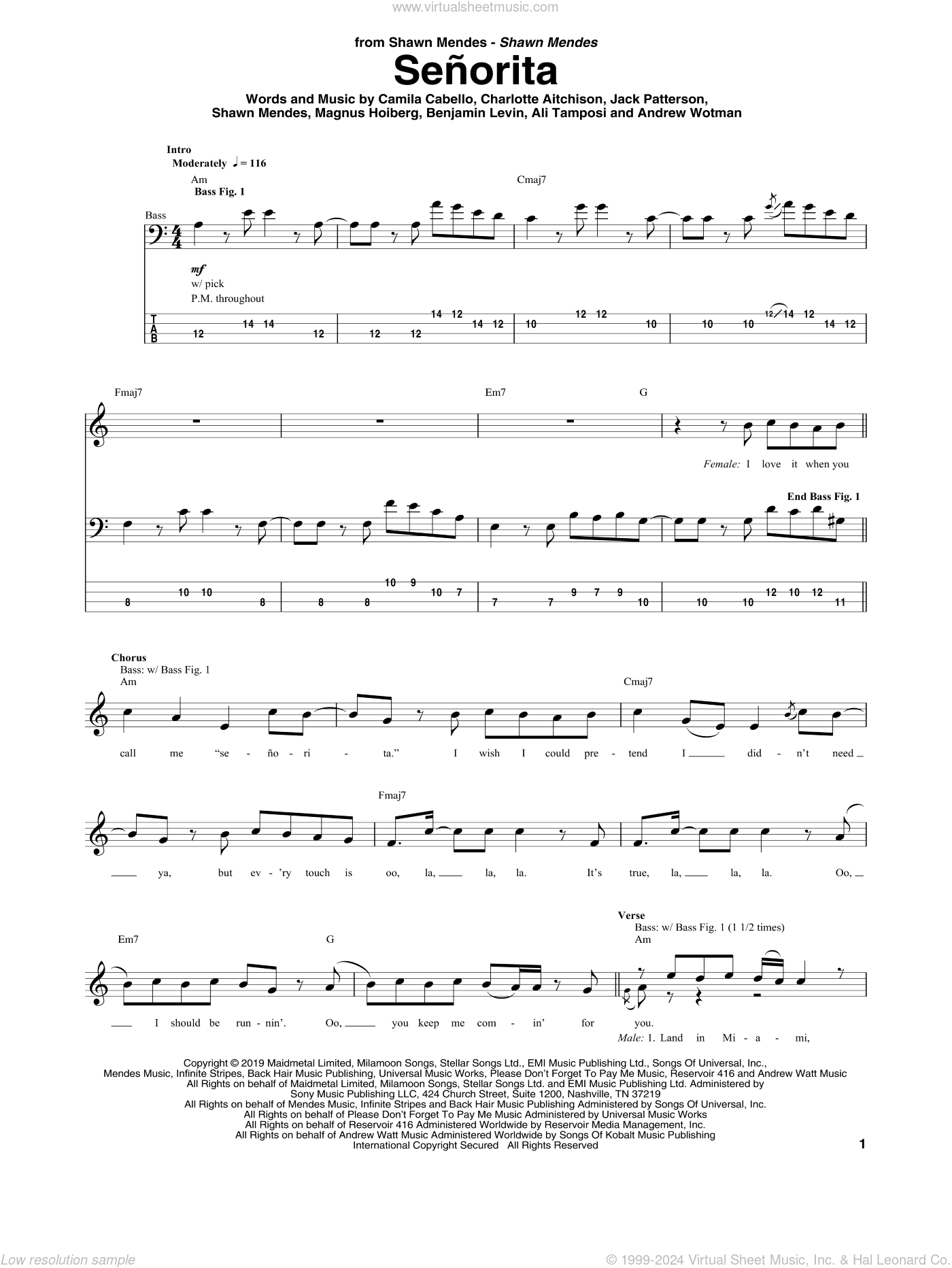 Senorita sheet music for bass (tablature) (bass guitar) (PDF)