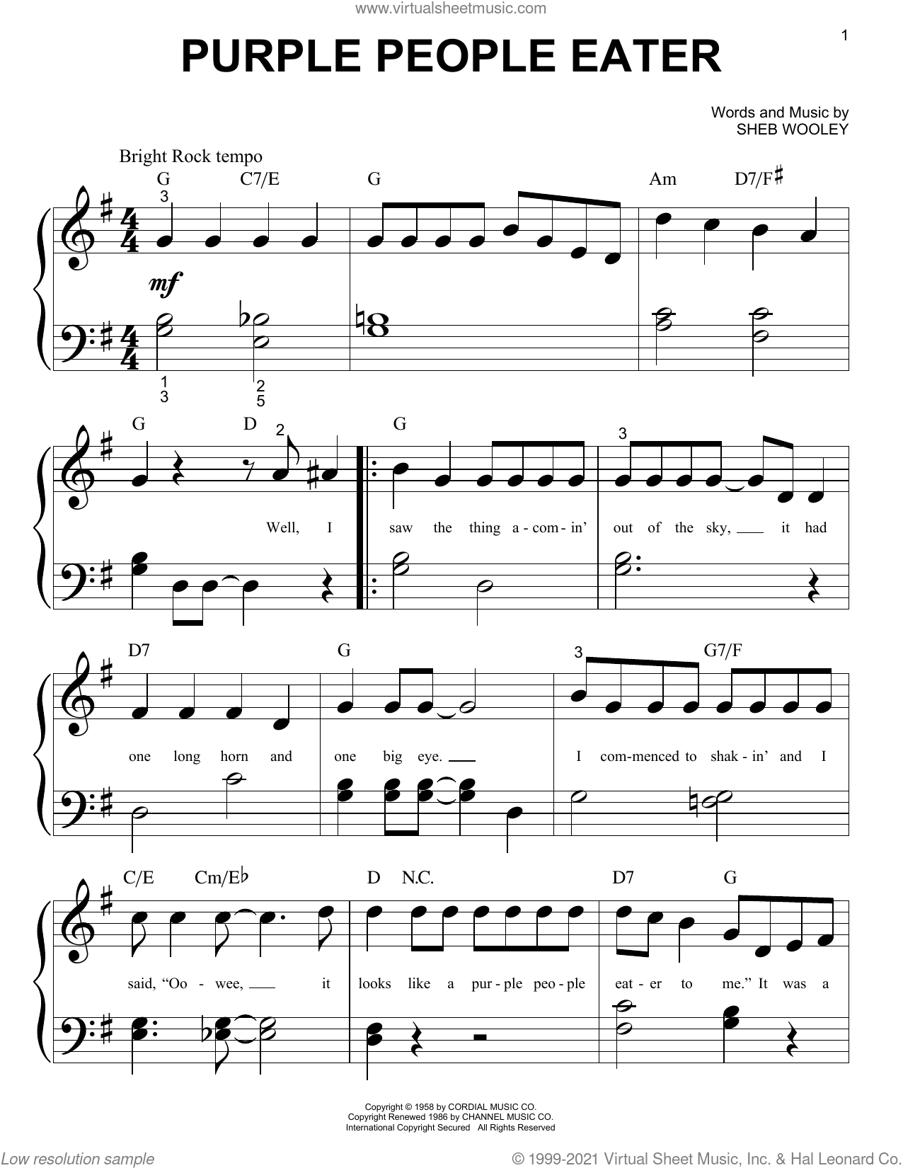 Purple People Eater sheet music for piano solo (big note book)