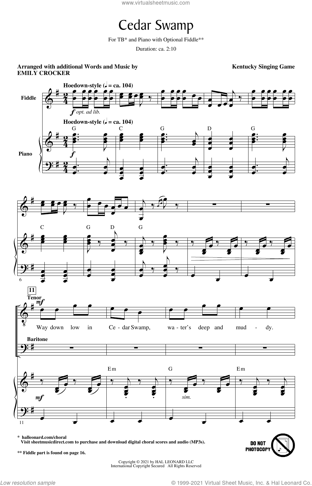 Cedar Swamp sheet music for choir (TB: tenor, bass) (PDF)
