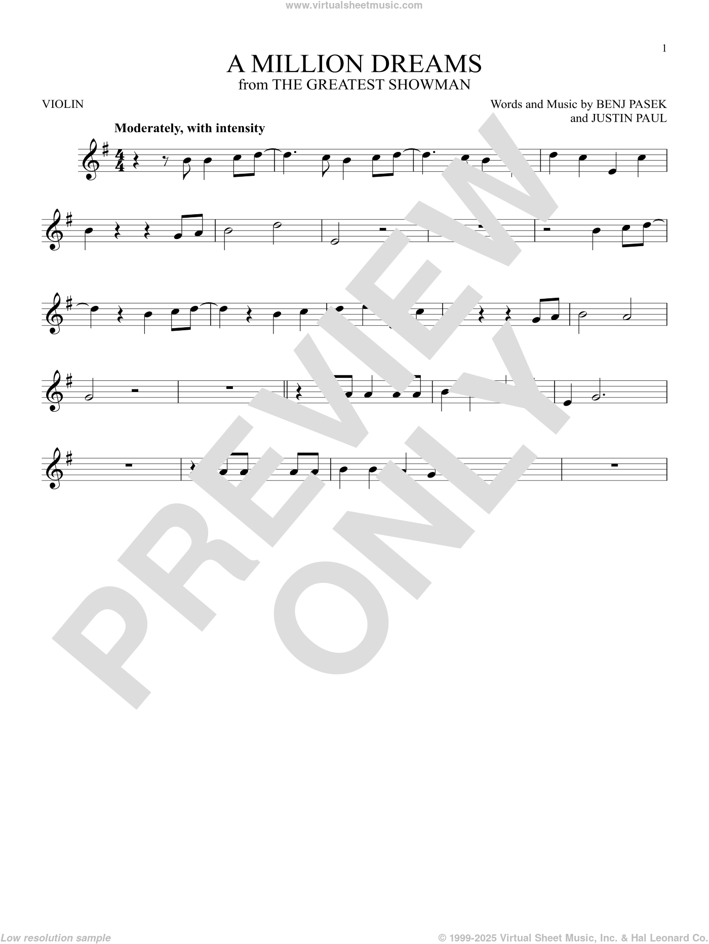 A Million Dreams (from The Greatest Showman) sheet music for violin solo