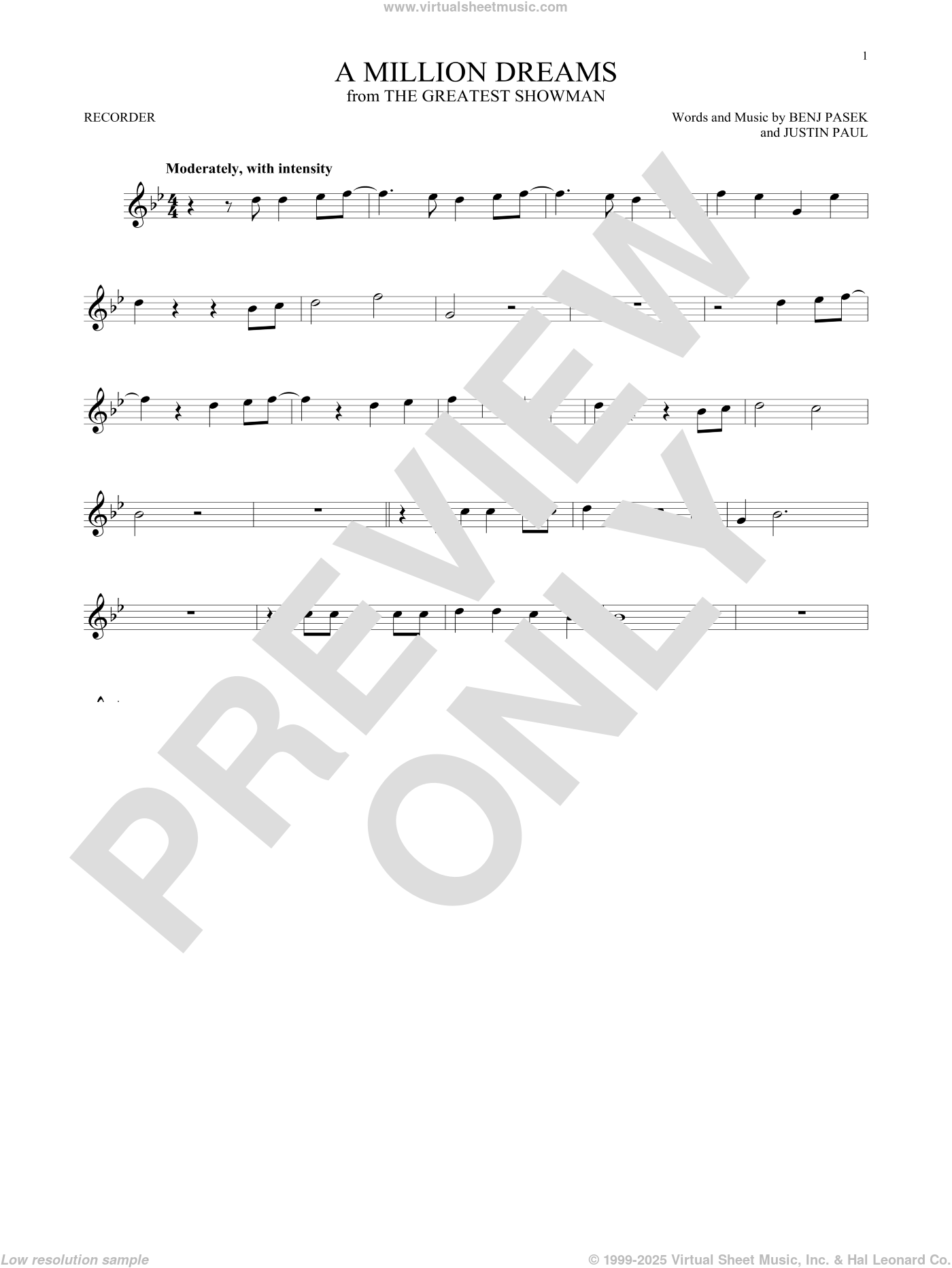 A Million Dreams (from The Greatest Showman) sheet music for recorder solo