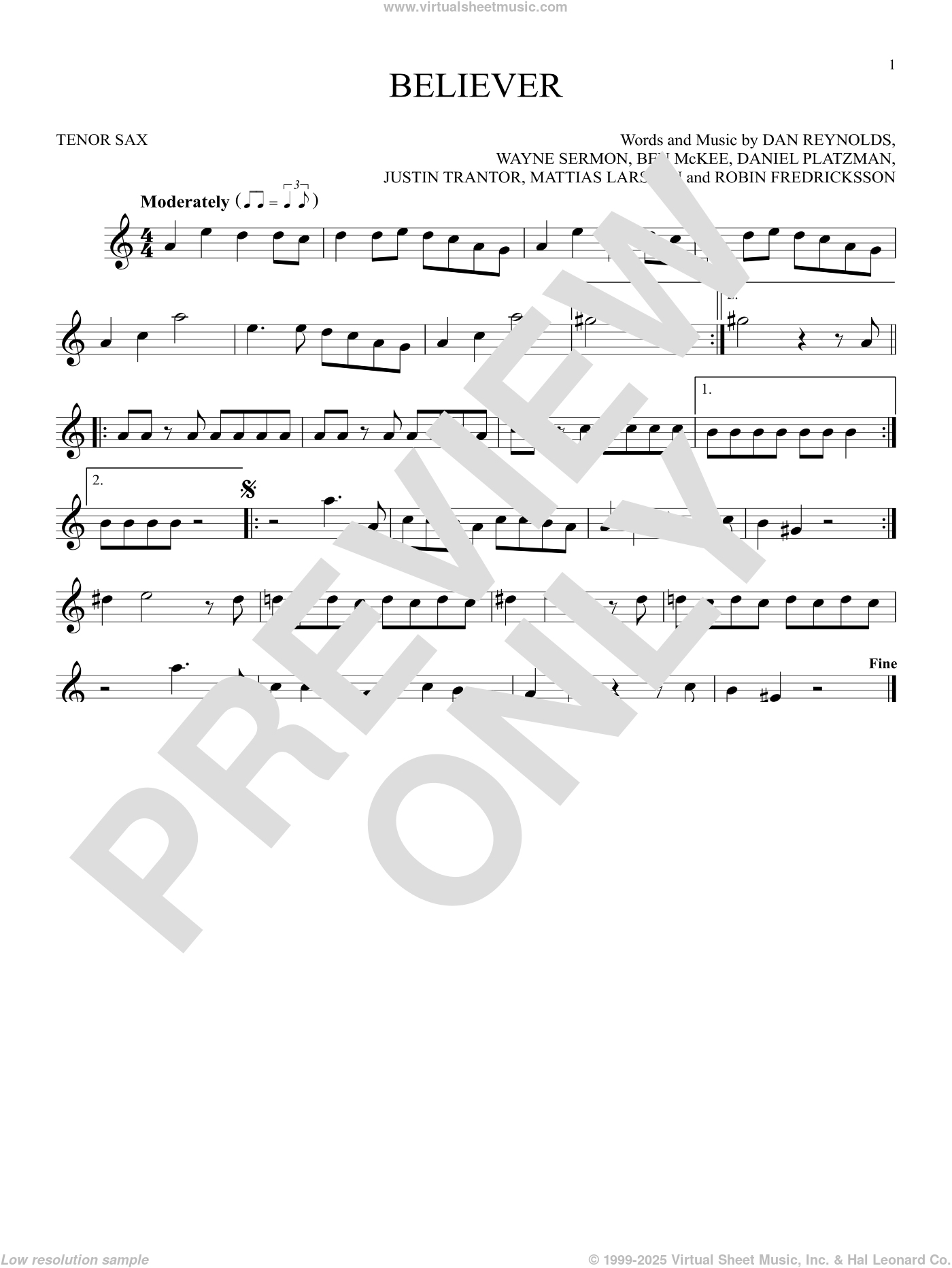 Believer sheet music for tenor saxophone solo (PDF-interactive)