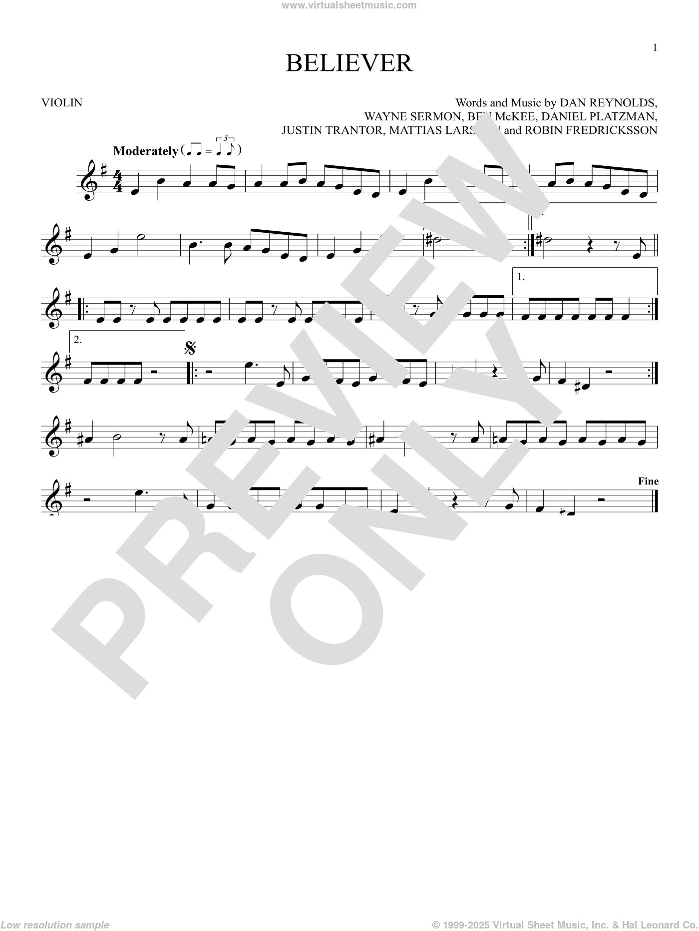 Believer sheet music for violin solo (PDF-interactive)