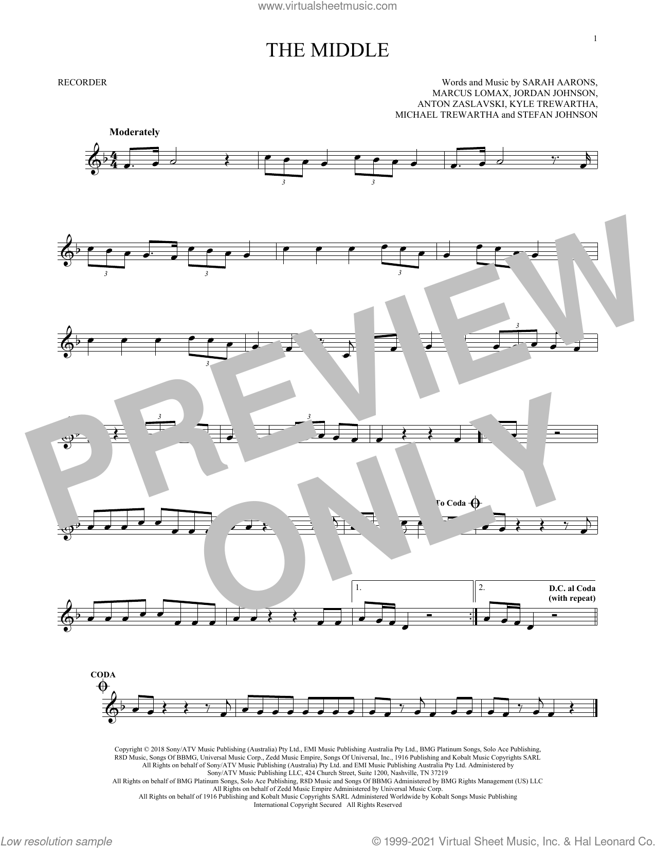 The Middle sheet music for recorder solo (PDF-interactive)