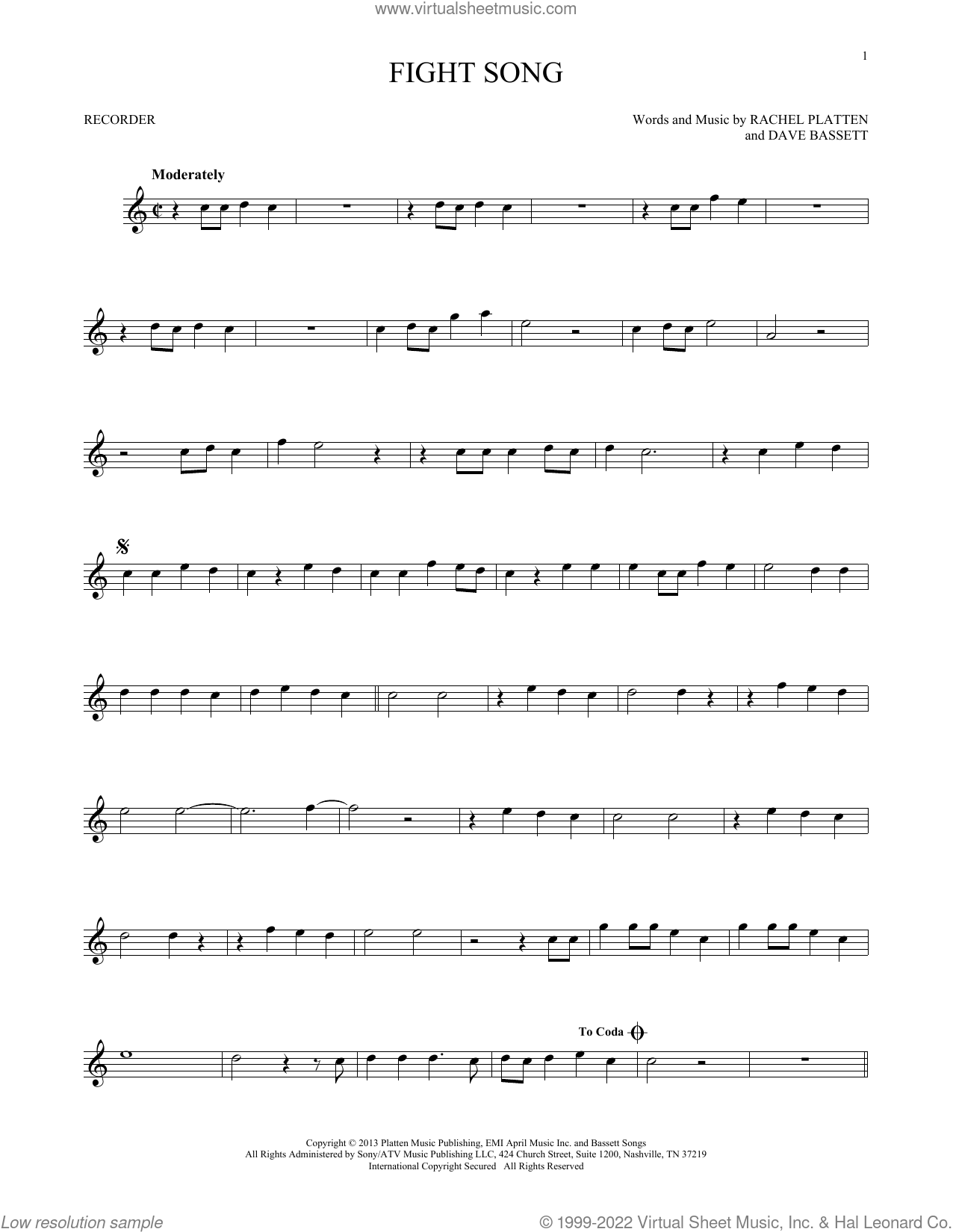 Fight Song sheet music for recorder solo (PDF-interactive)