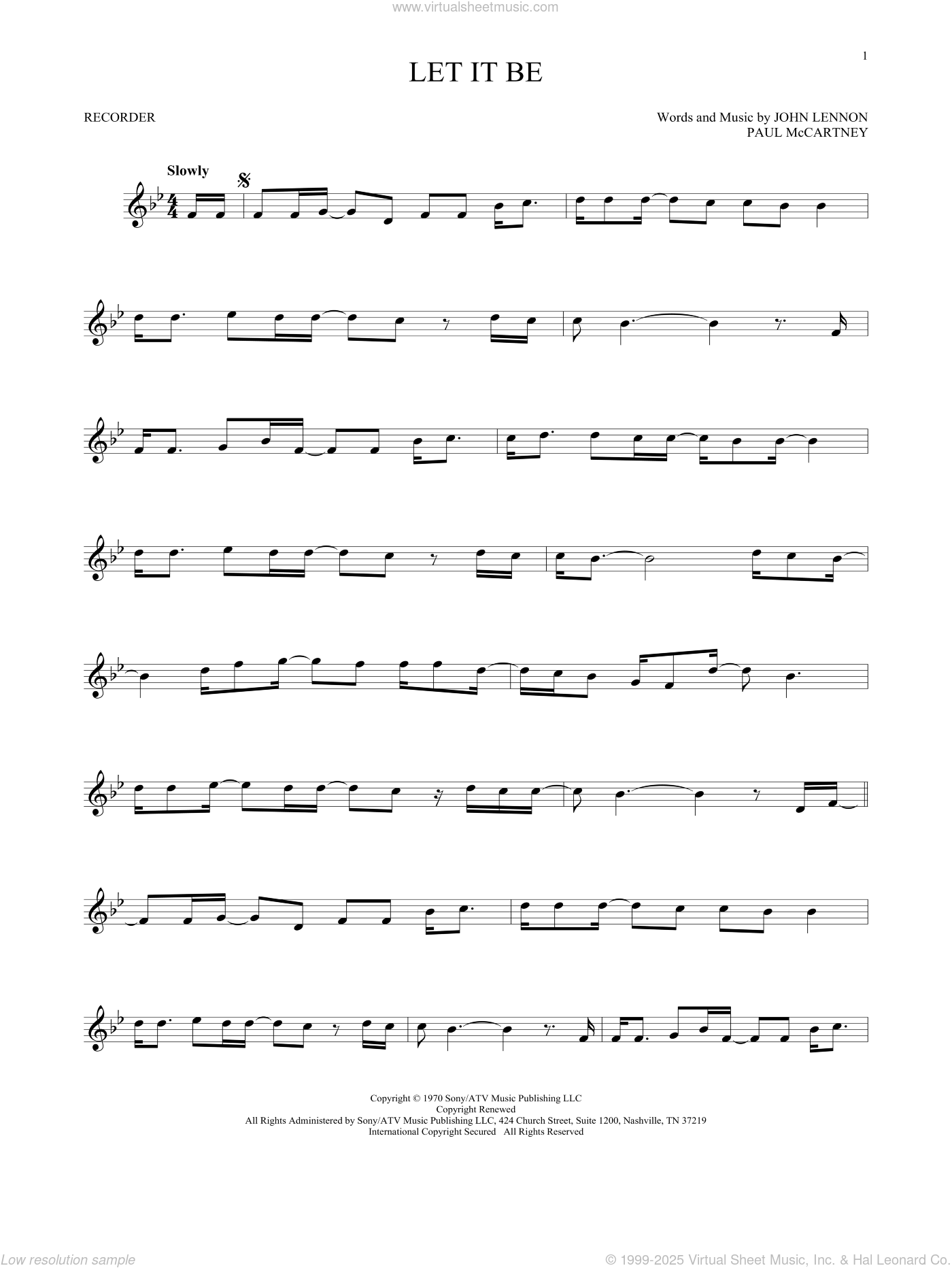 Let It Be sheet music for recorder solo (PDF-interactive)