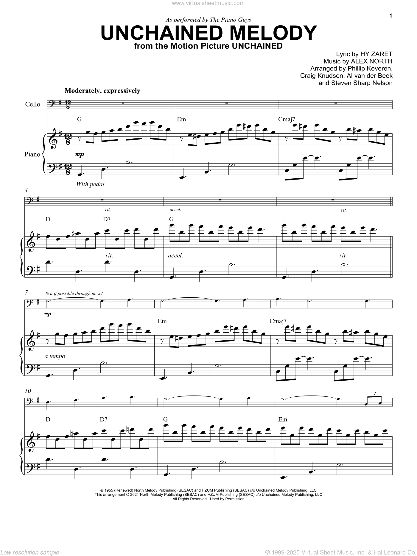 Unchained Melody sheet music for cello and piano (PDF)