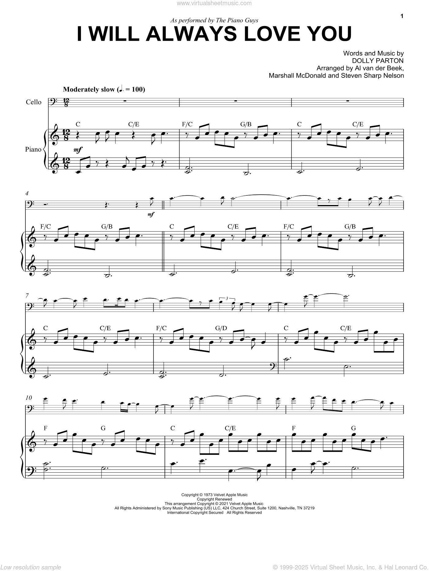I Will Always Love You sheet music for cello and piano (PDF)