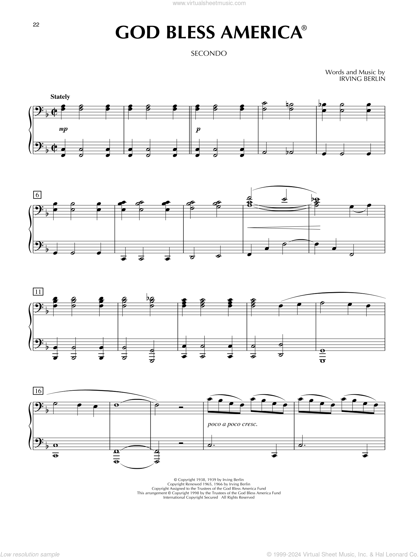God Bless America sheet music for piano four hands (PDF)