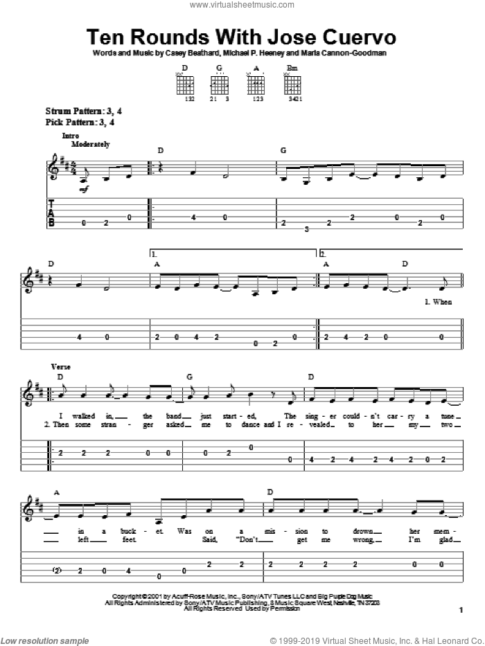 Ten Rounds With Jose Cuervo sheet music for guitar solo (easy tablature)