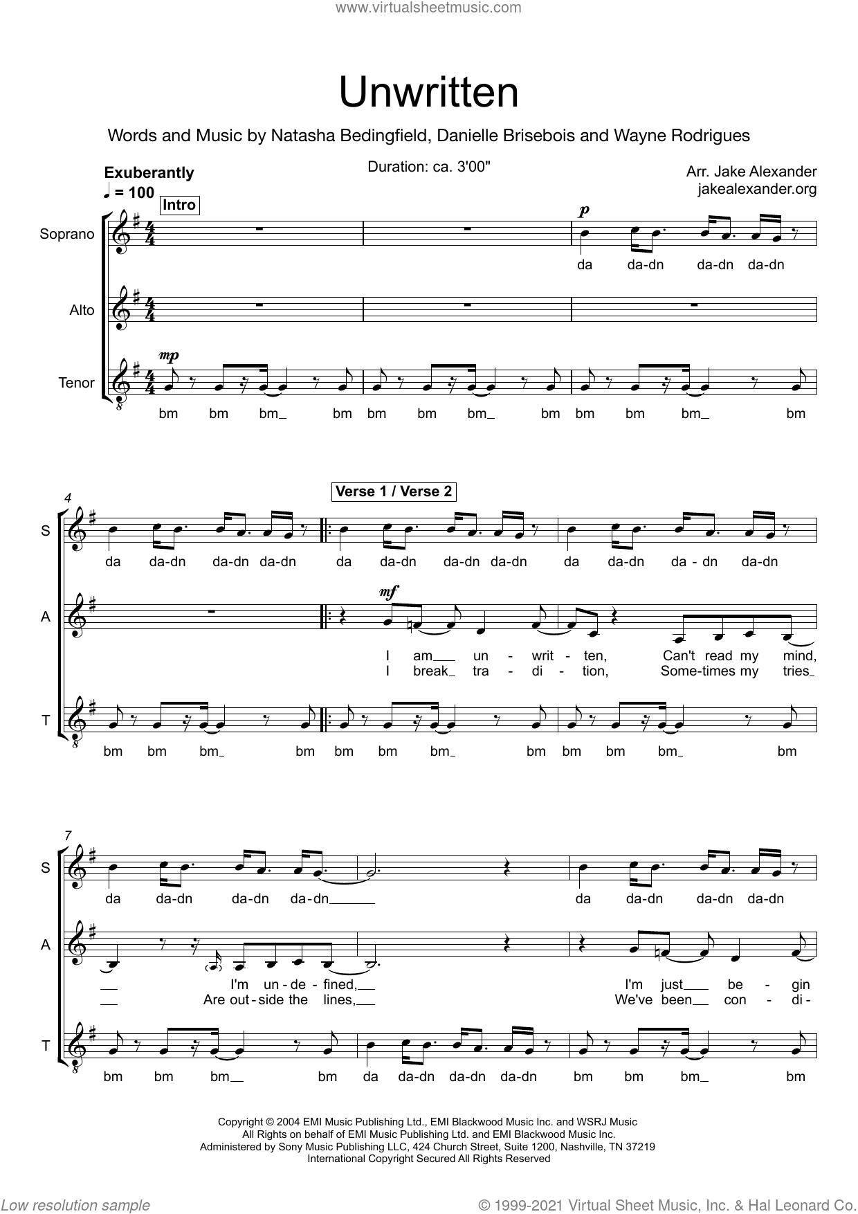 Unwritten (arr. Jake Alexander) sheet music for choir (SAT: soprano ...