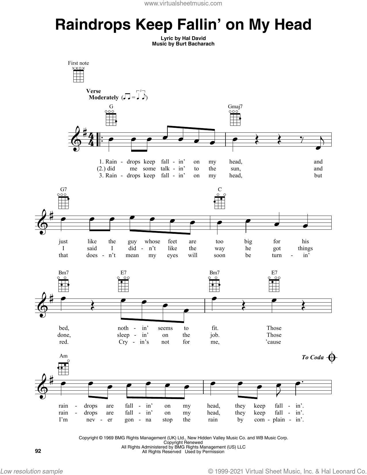 Raindrops Keep Fallin' On My Head sheet music for baritone ukulele solo