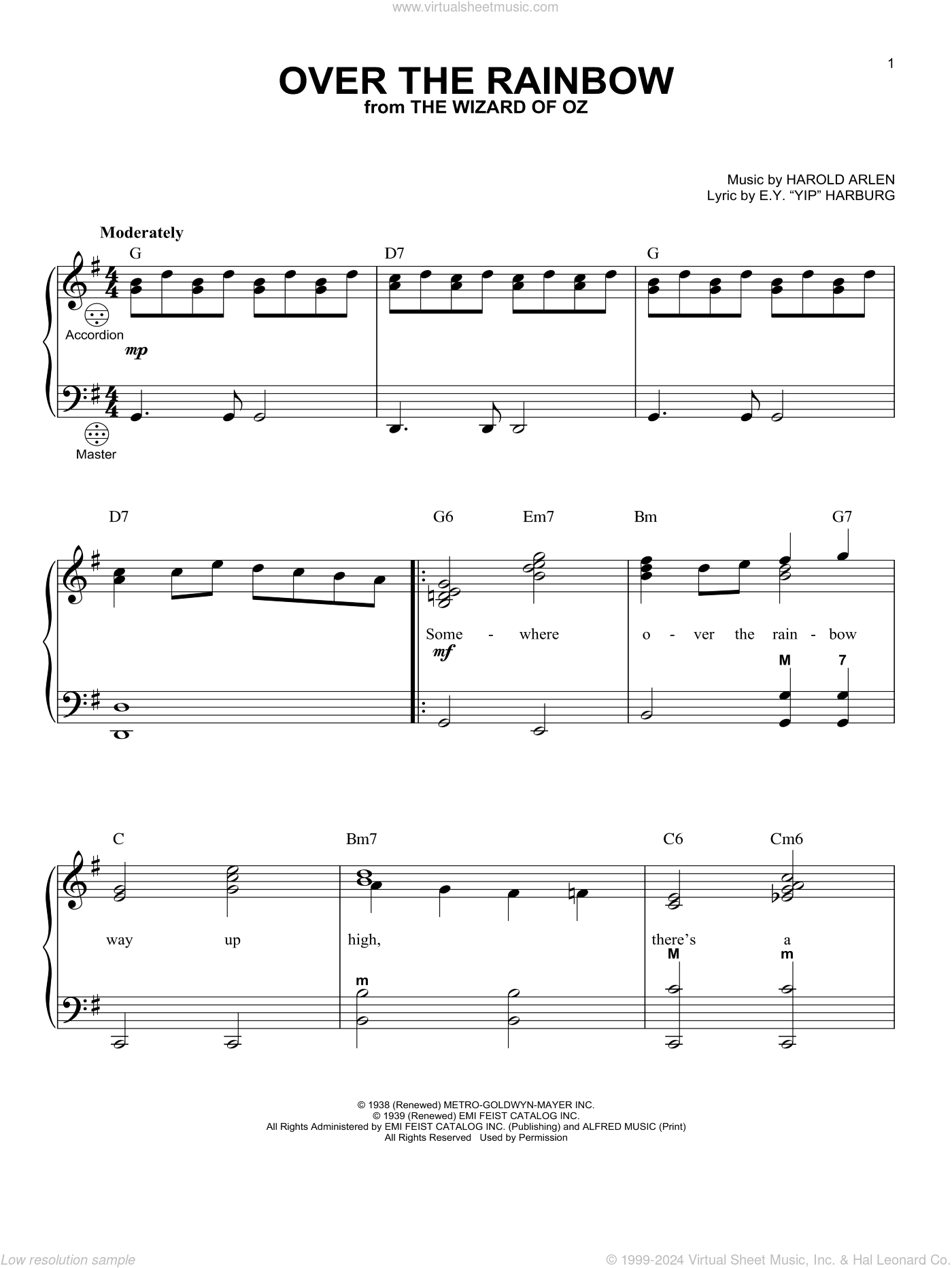 Over The Rainbow sheet music for accordion (PDF-interactive)