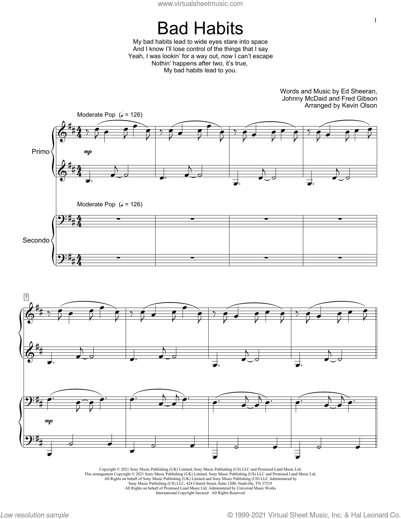 Bad Habits (arr. Kevin Olson) sheet music for piano four hands