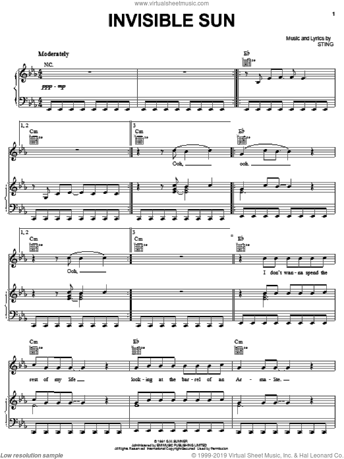 Invisible Sun sheet music for voice, piano or guitar (PDF)