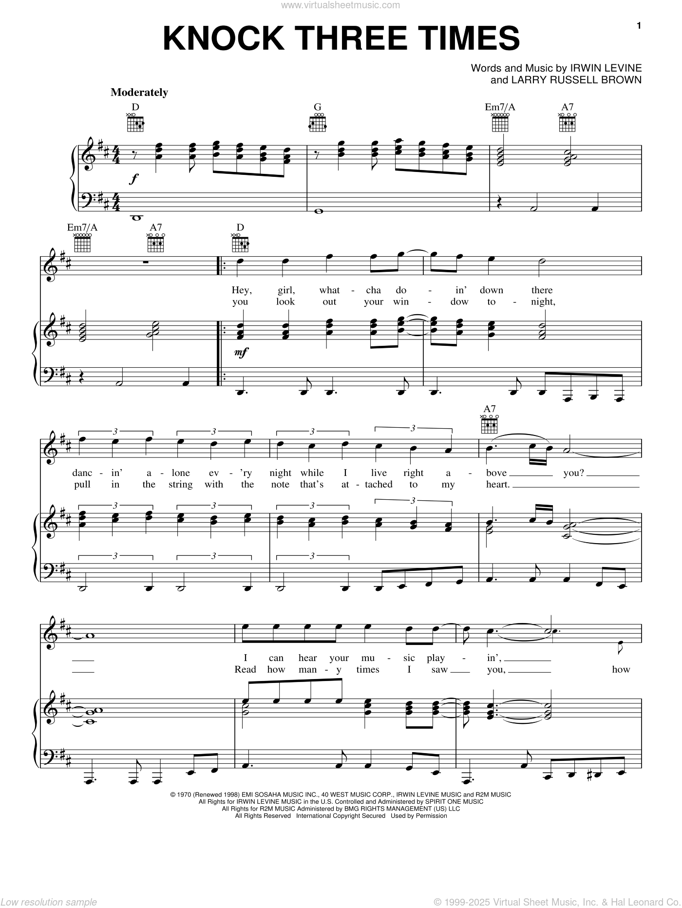 Knock Three Times sheet music for voice, piano or guitar (PDF)