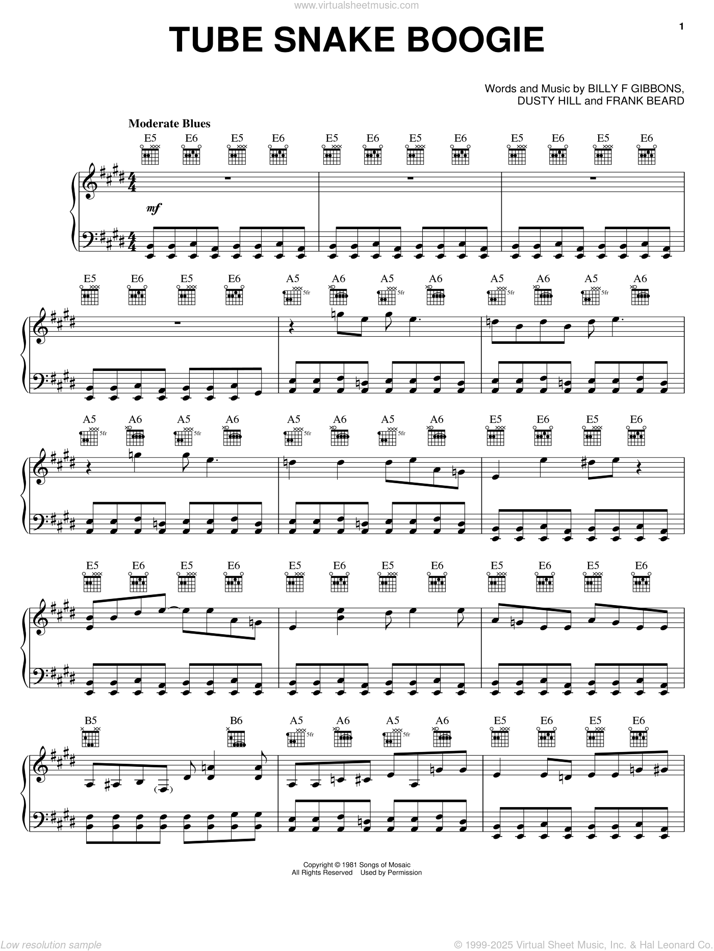 Tube Snake Boogie sheet music for voice, piano or guitar (PDF)