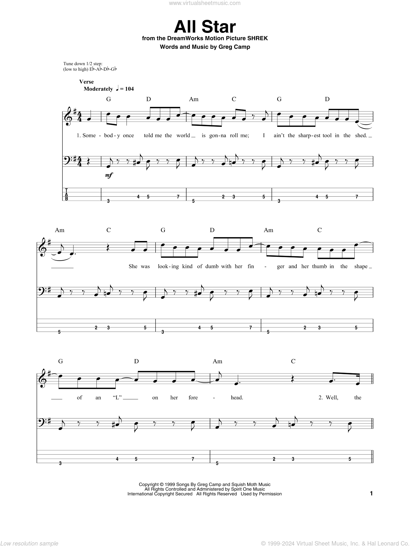 All Star sheet music for bass (tablature) (bass guitar) (PDF)