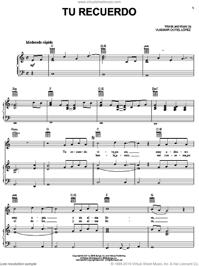 Tu Recuerdo sheet music for voice, piano or guitar (PDF)